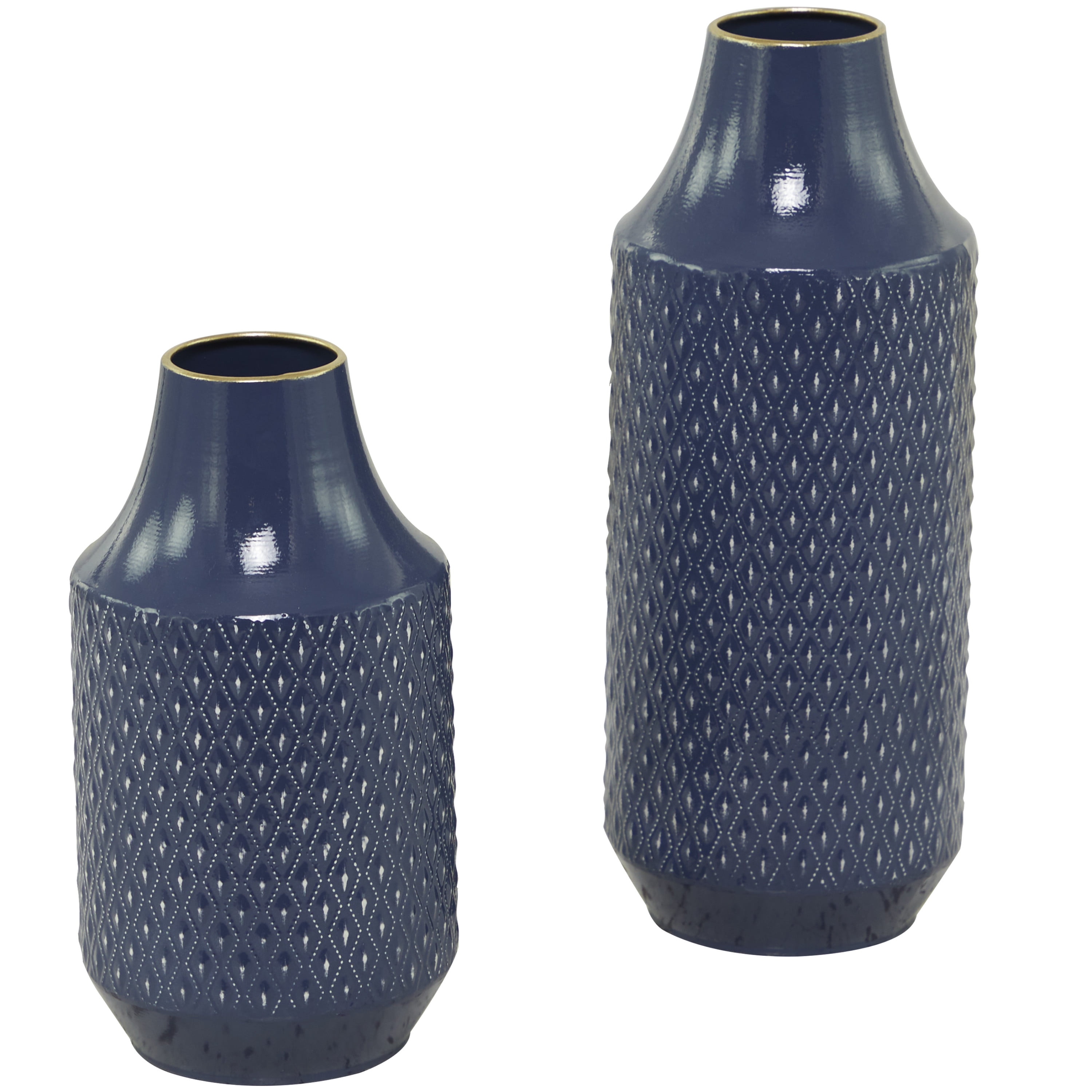 DecMode 16", 12"H Diamond Embossed Exterior Blue Metal Vase, Set of 2 ...