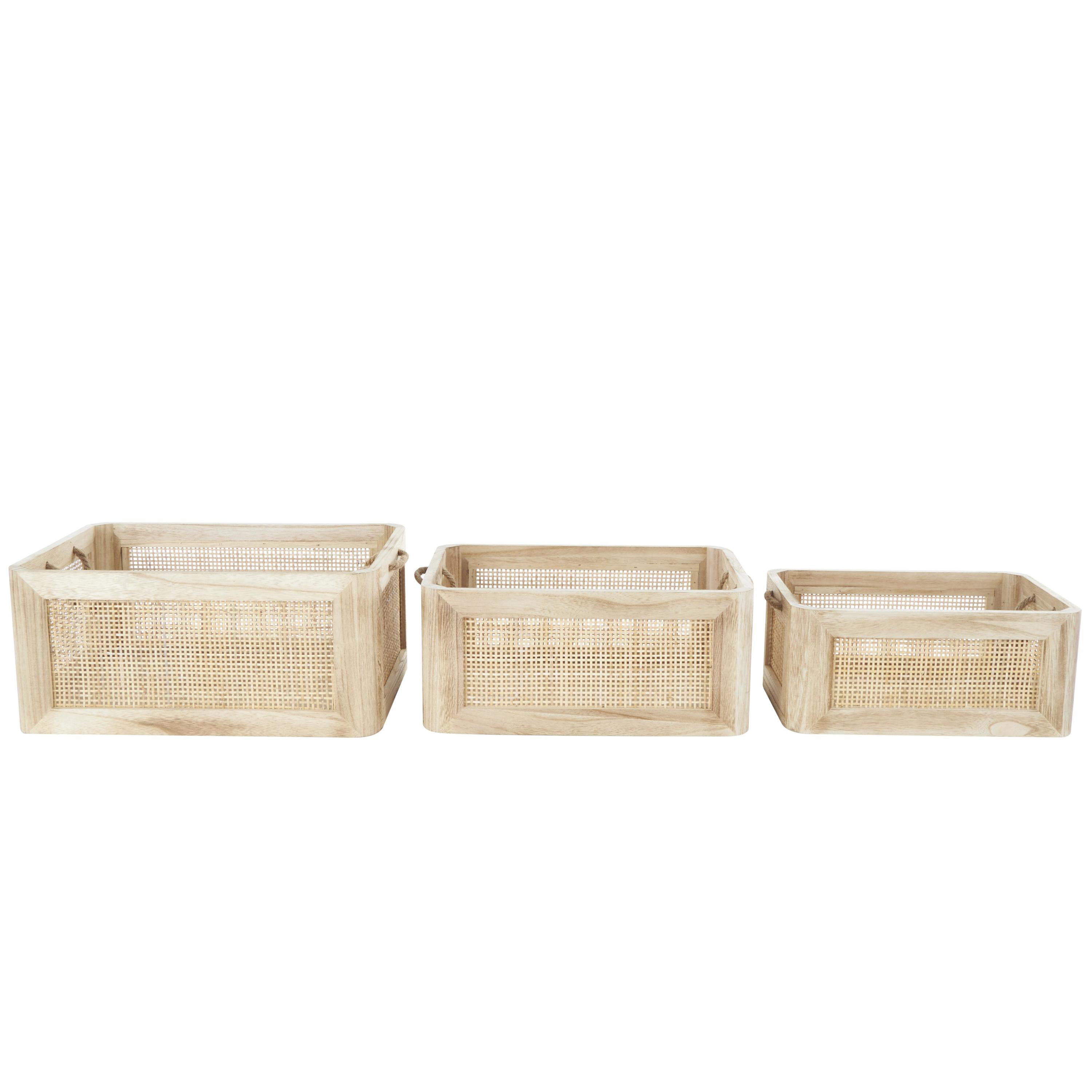 DecMode 16, 14, 13"W Light Brown Wood Storage Basket with Rope Handles ...