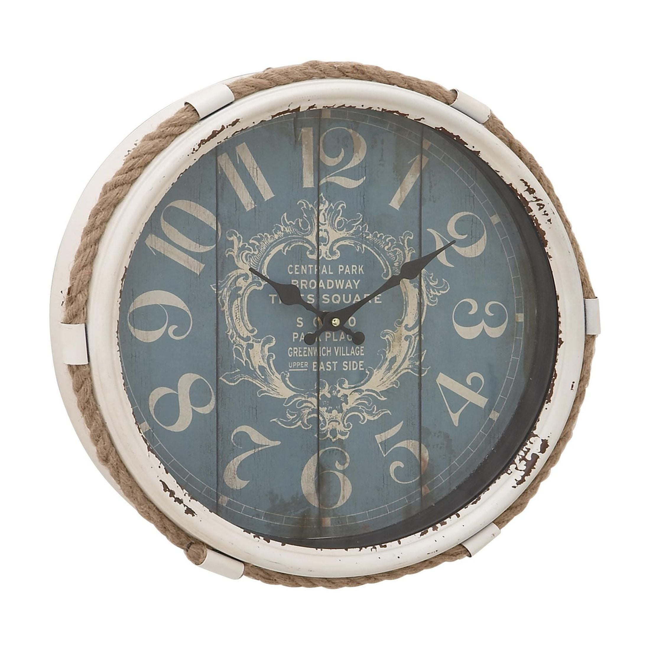 DecMode 17" Blue Metal Scroll Wall Clock with Rope Frame and Distressed ...