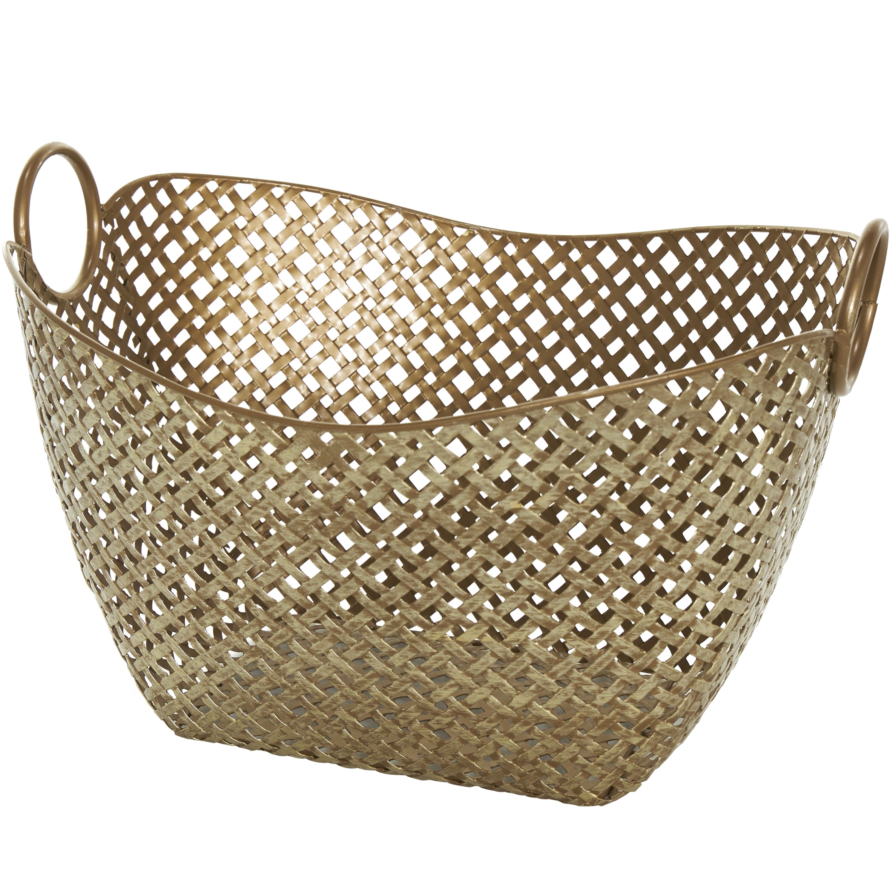 DecMode 17" x 11" Gold Metal Woven Inspired Storage Basket with Handles ...