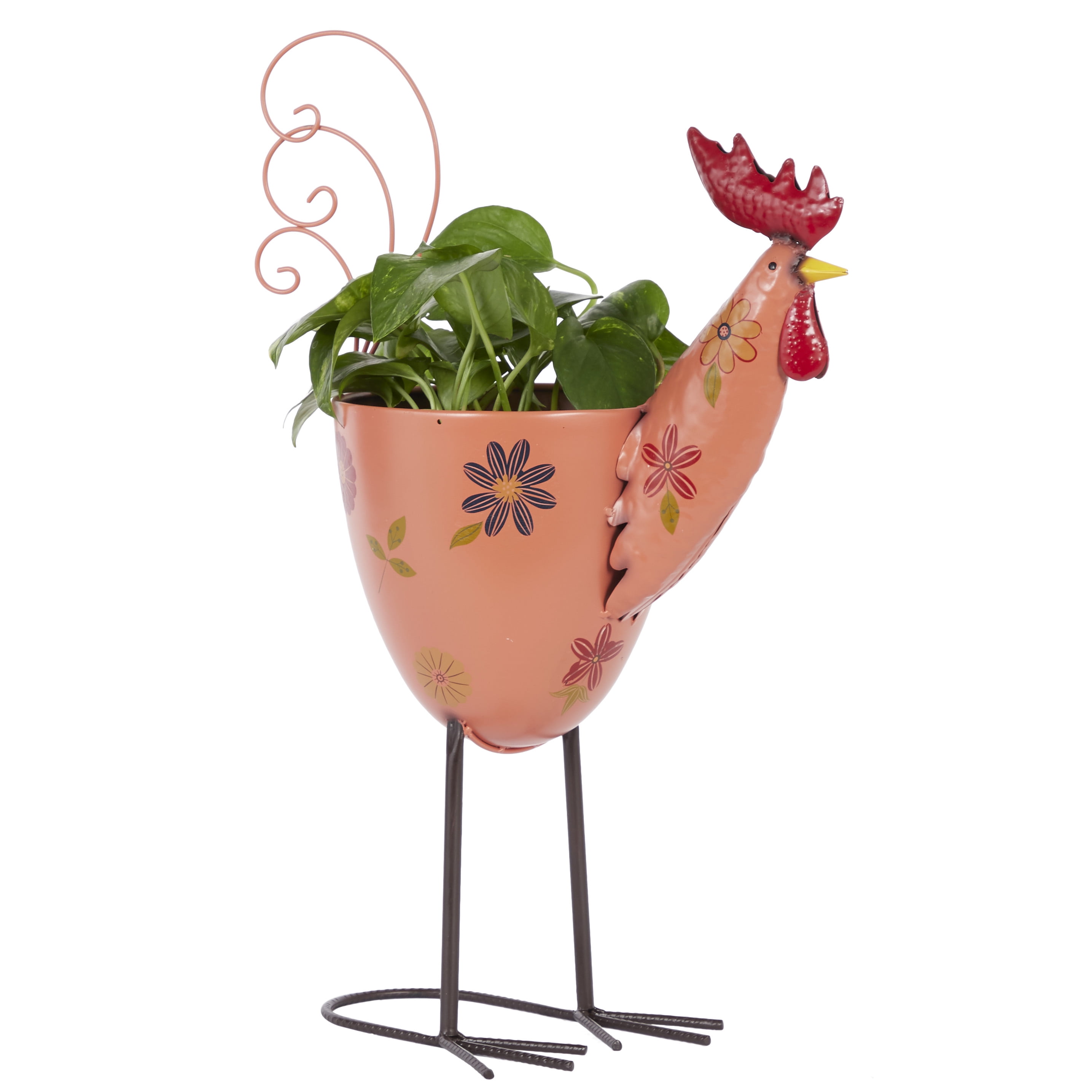 DecMode 19" x 20" Indoor Outdoor Pink Metal Rooster Planter with Floral ...
