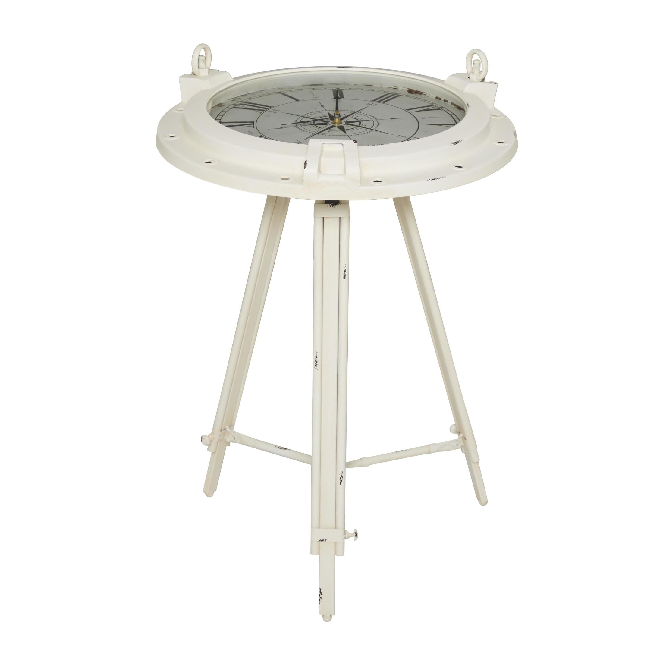 DecMode 19" x 27" White Metal Compass Accent Table with Clock and Clear ...