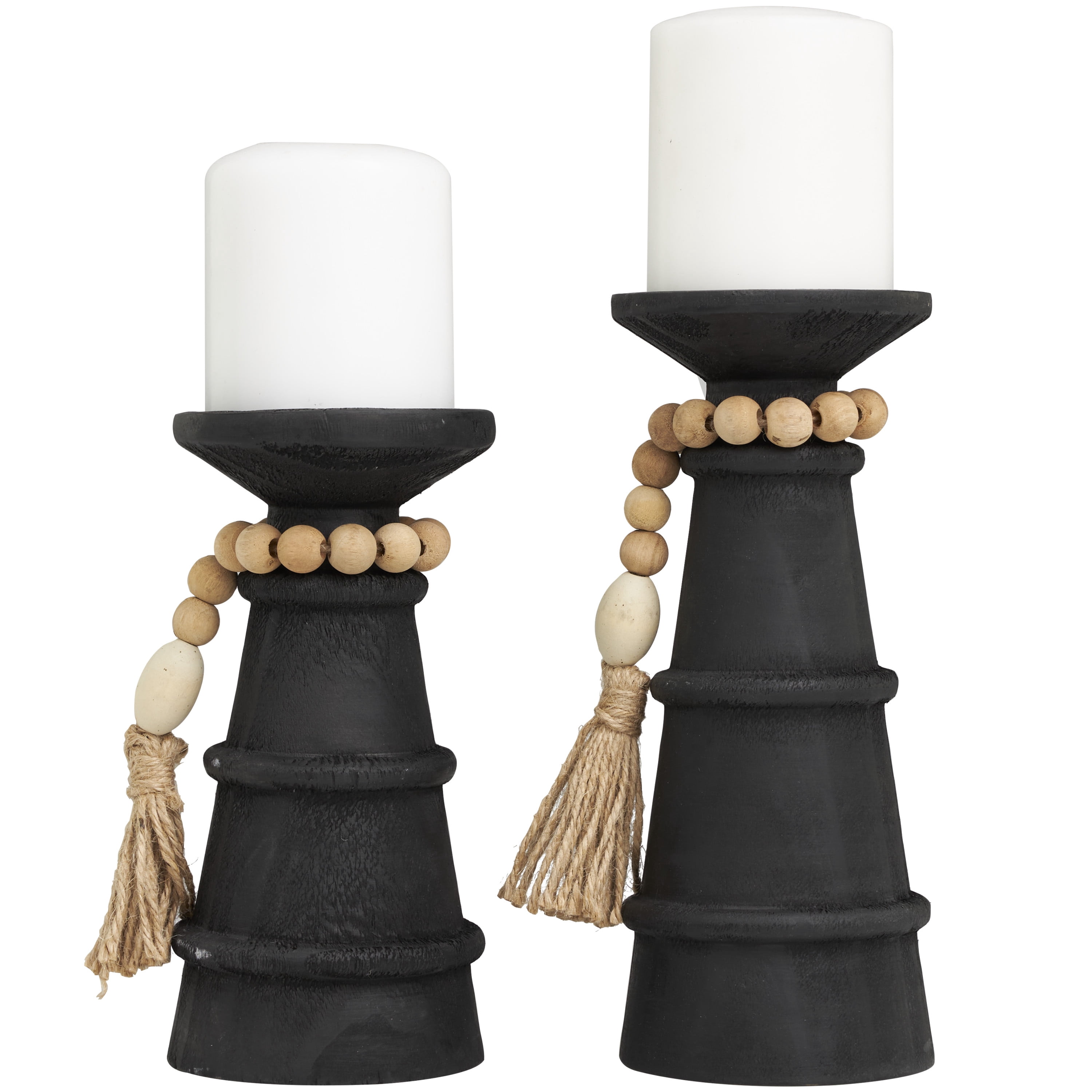 DecMode 2 Candle Black Wood Handmade Textured Matte Candle Holder with ...