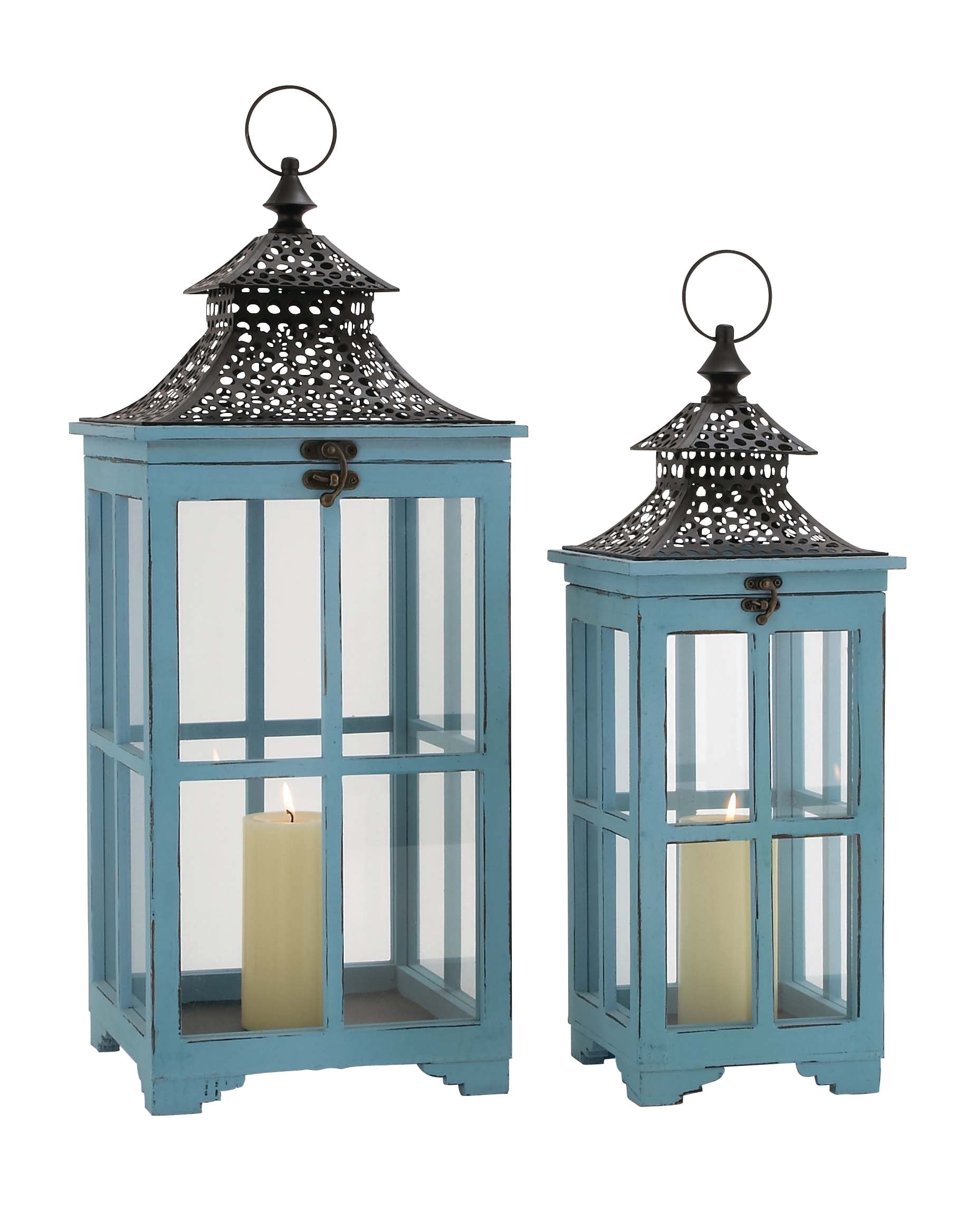 DecMode 2 Holder Blue Wood Lighthouse Style Decorative Candle Lantern ...