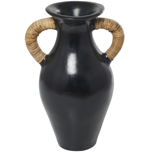DecMode 21" Jug Inspired Black Ceramic Vase with Rattan Wrapped Handles ...