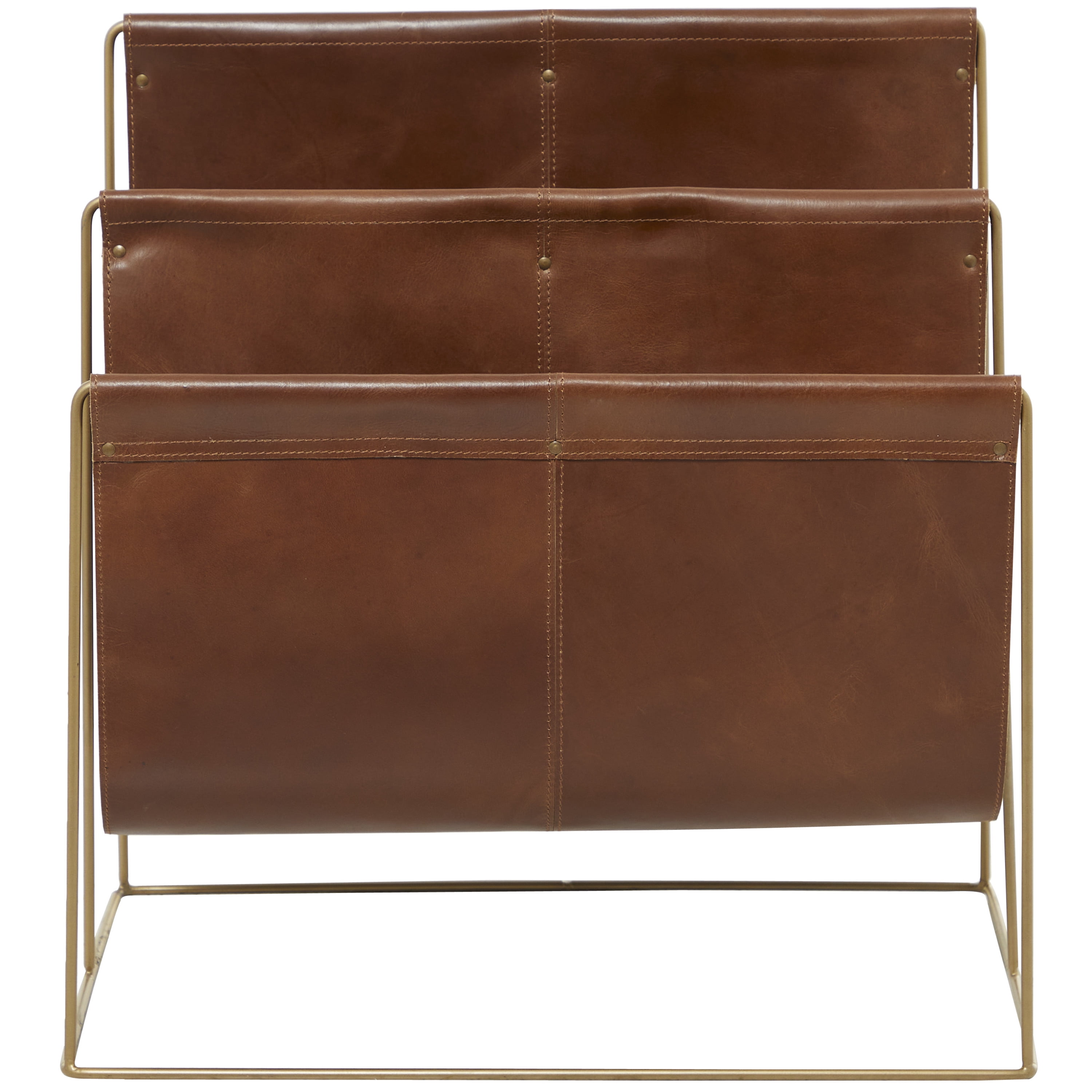 DecMode 22" Brown Leather 3 Slot Magazine Holder with Metal Stand ...