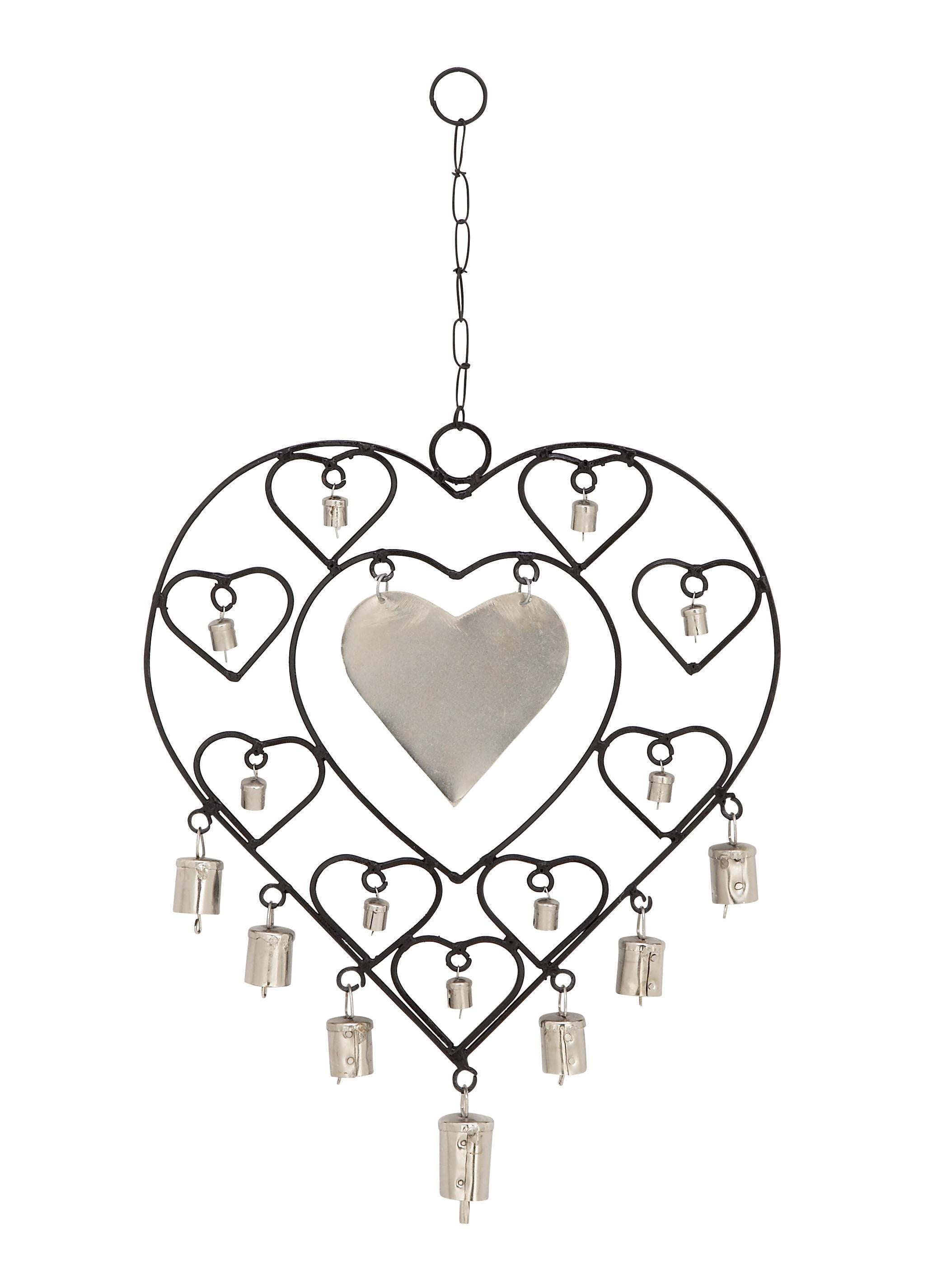 DecMode 22" Silver Metal Heart Windchime with Bells and Chain Ring ...