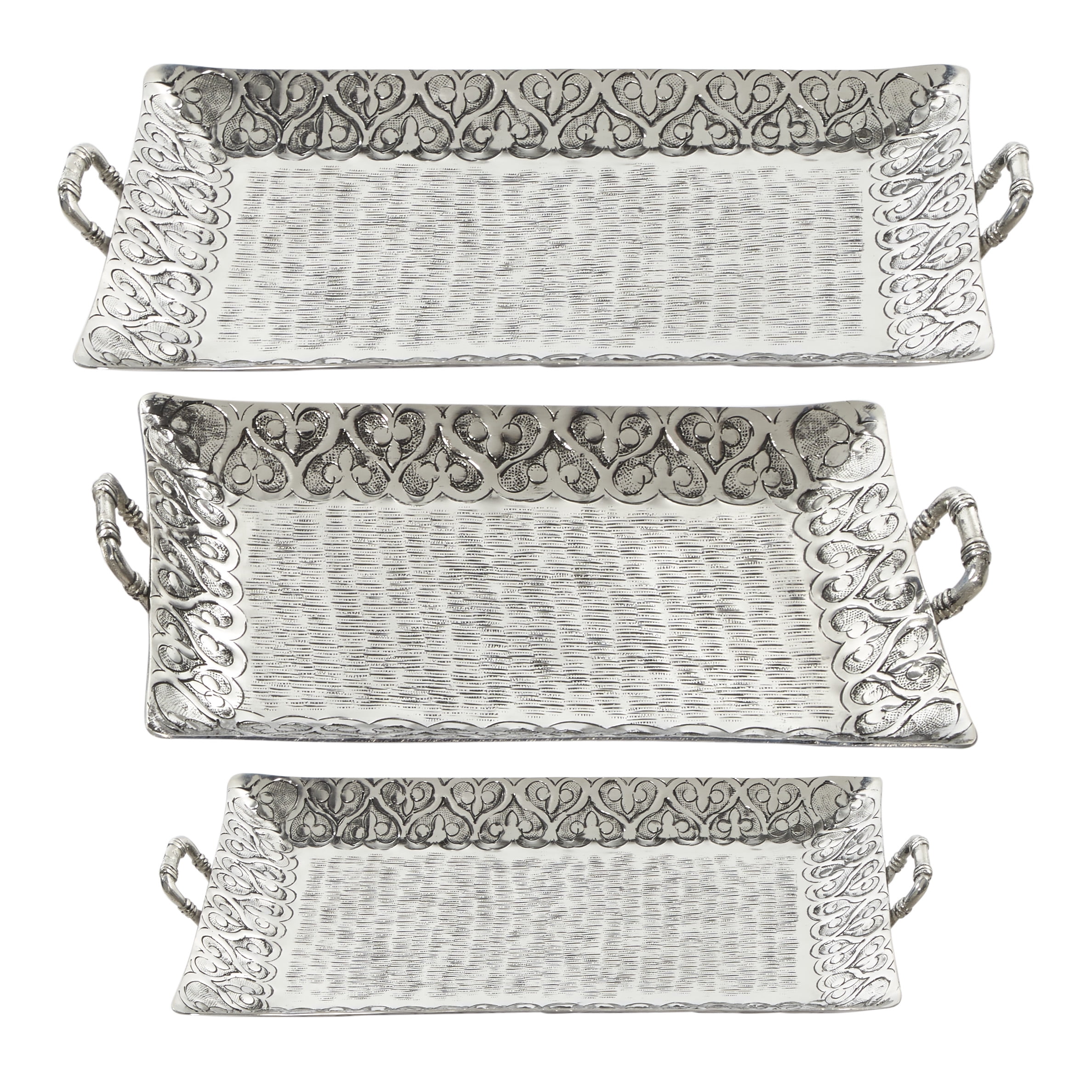 DecMode 23", 18", 14"W Silver Metal Floral Tray with Embossed Designs ...