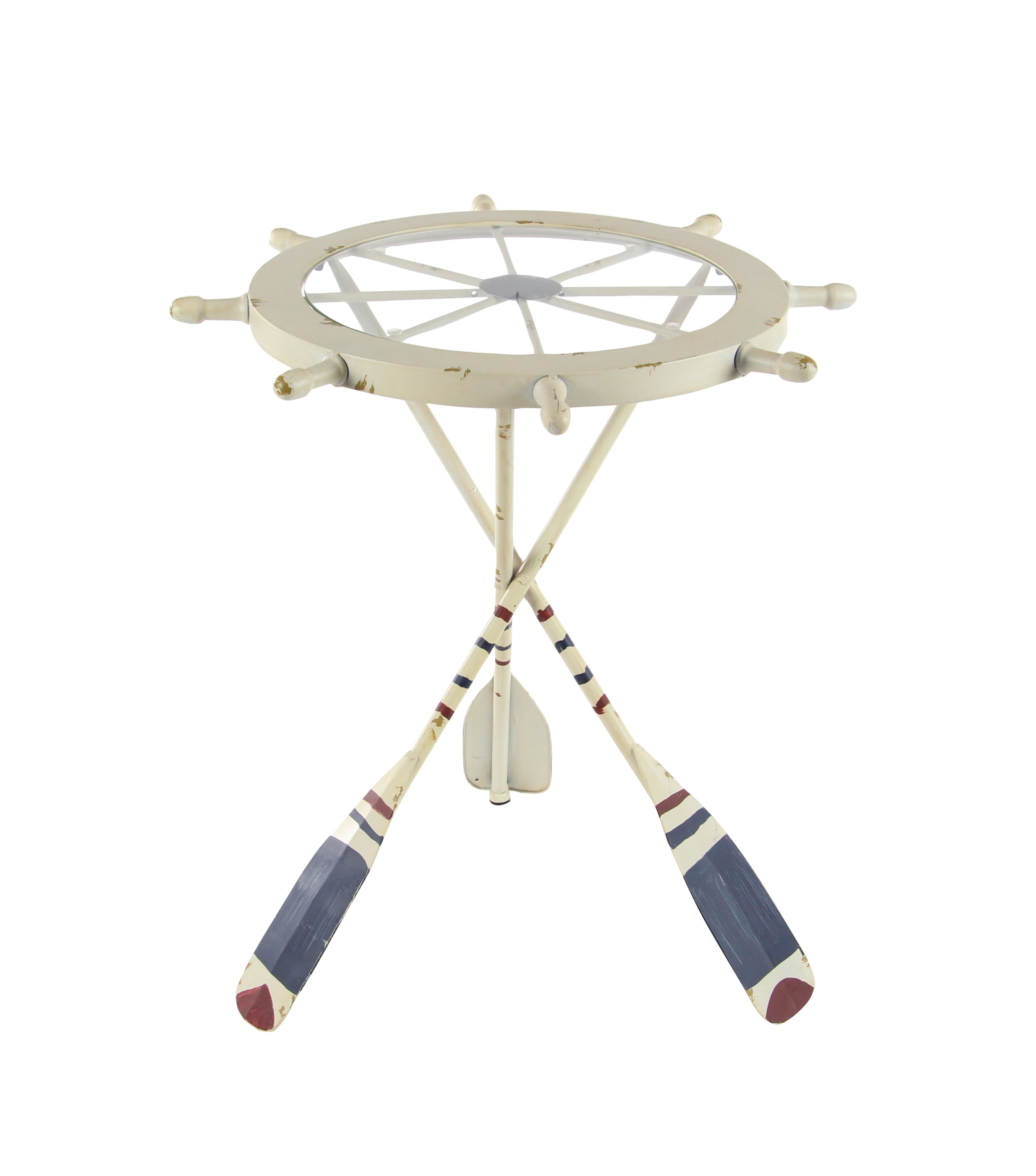 DecMode 23" x 24" White Metal Ship Wheel Top Accent Table with Oar ...