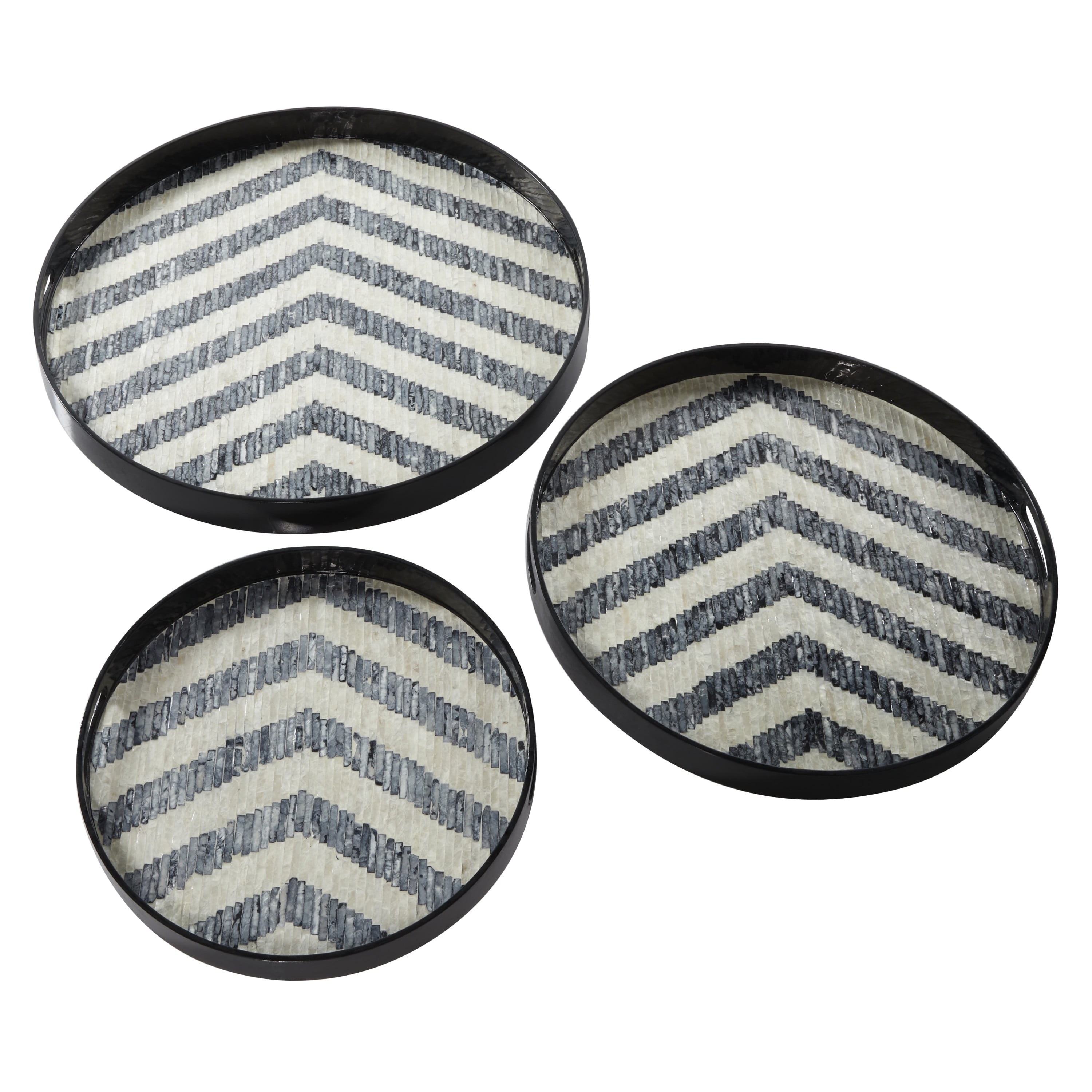 DecMode 24", 20", 16"W Black Mother of Pearl Handmade Chevron Tray with ...