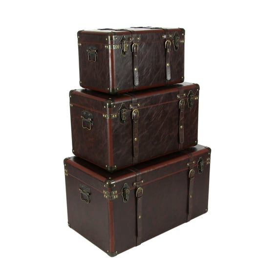 Free Shipping! DecMode 27" x 16" Brown Faux Leather Nesting Upholstered Trunk with Vintage ...