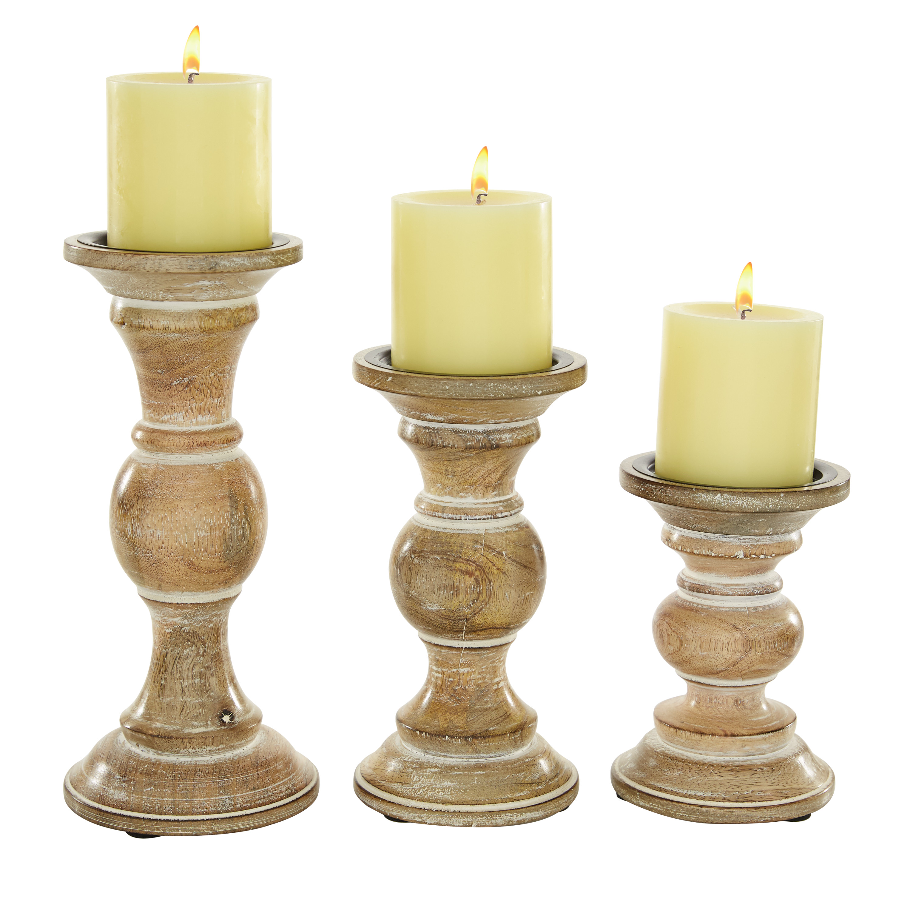 DecMode 3 Candle Light Brown Mango Wood Round Carved Dotted Pillar ...