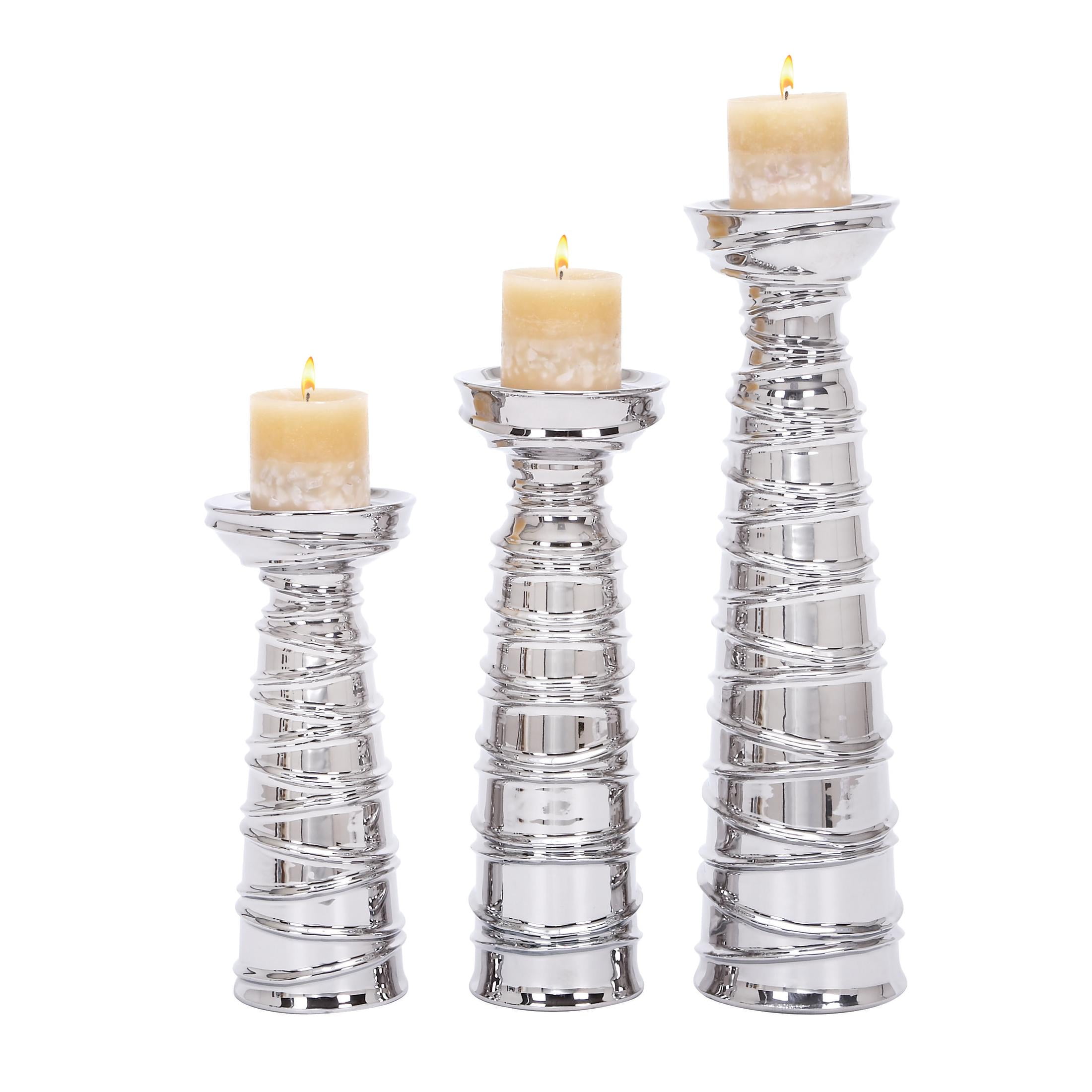 DecMode 3 Candle Silver Ceramic Abstract Wrapped Candle Holder, Set of ...