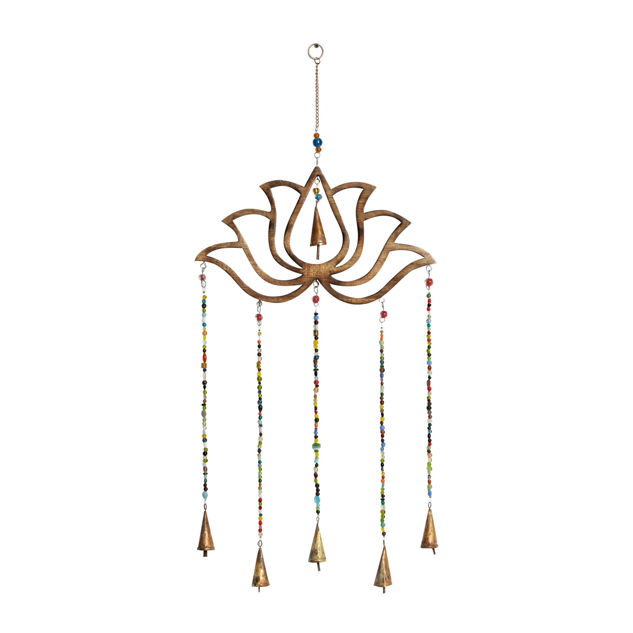 DecMode 30" Brown Mango Wood Handmade Lotus Floral Windchime with Glass ...