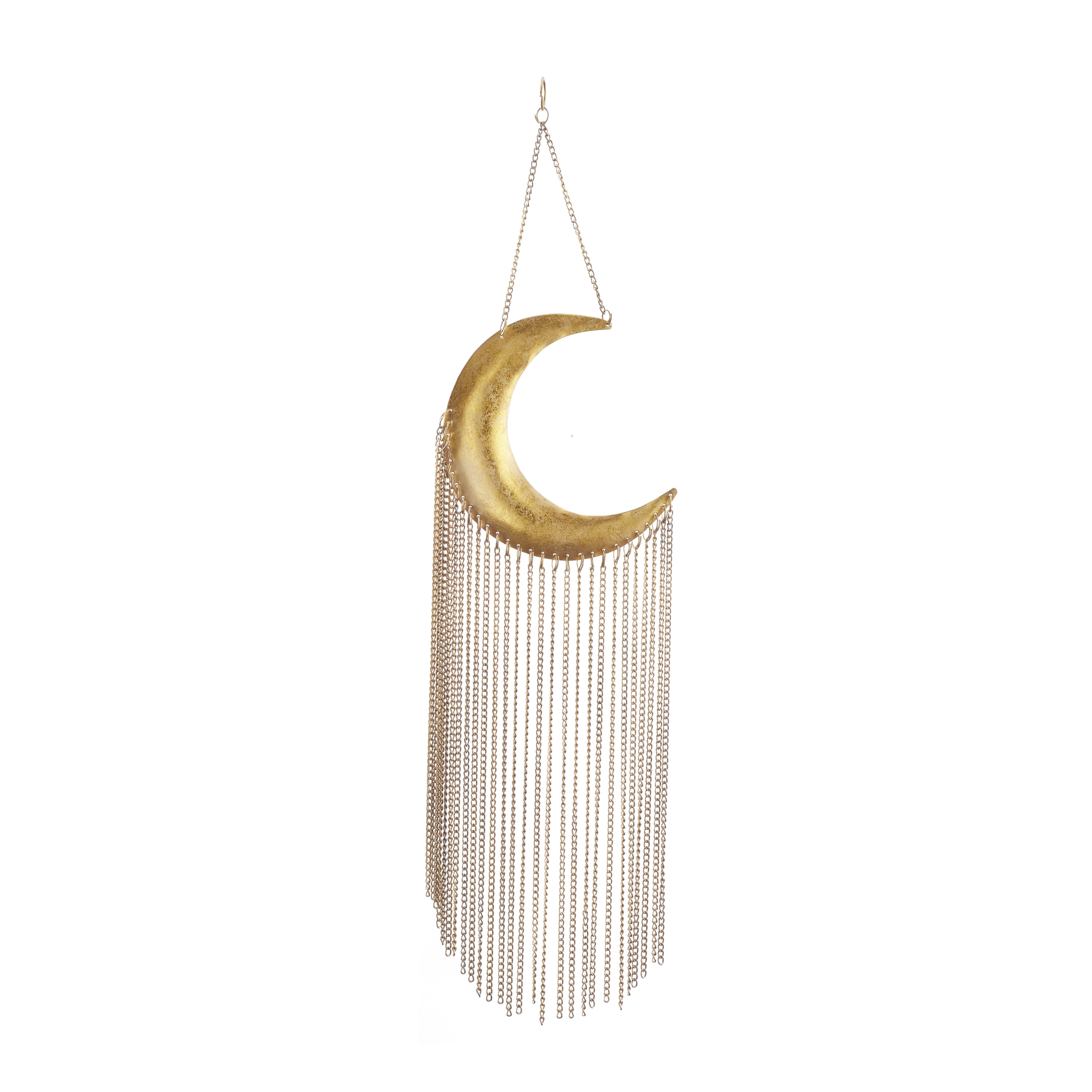 DecMode 30" Gold Metal Indoor Outdoor Moon Windchime with Chain Tassels ...