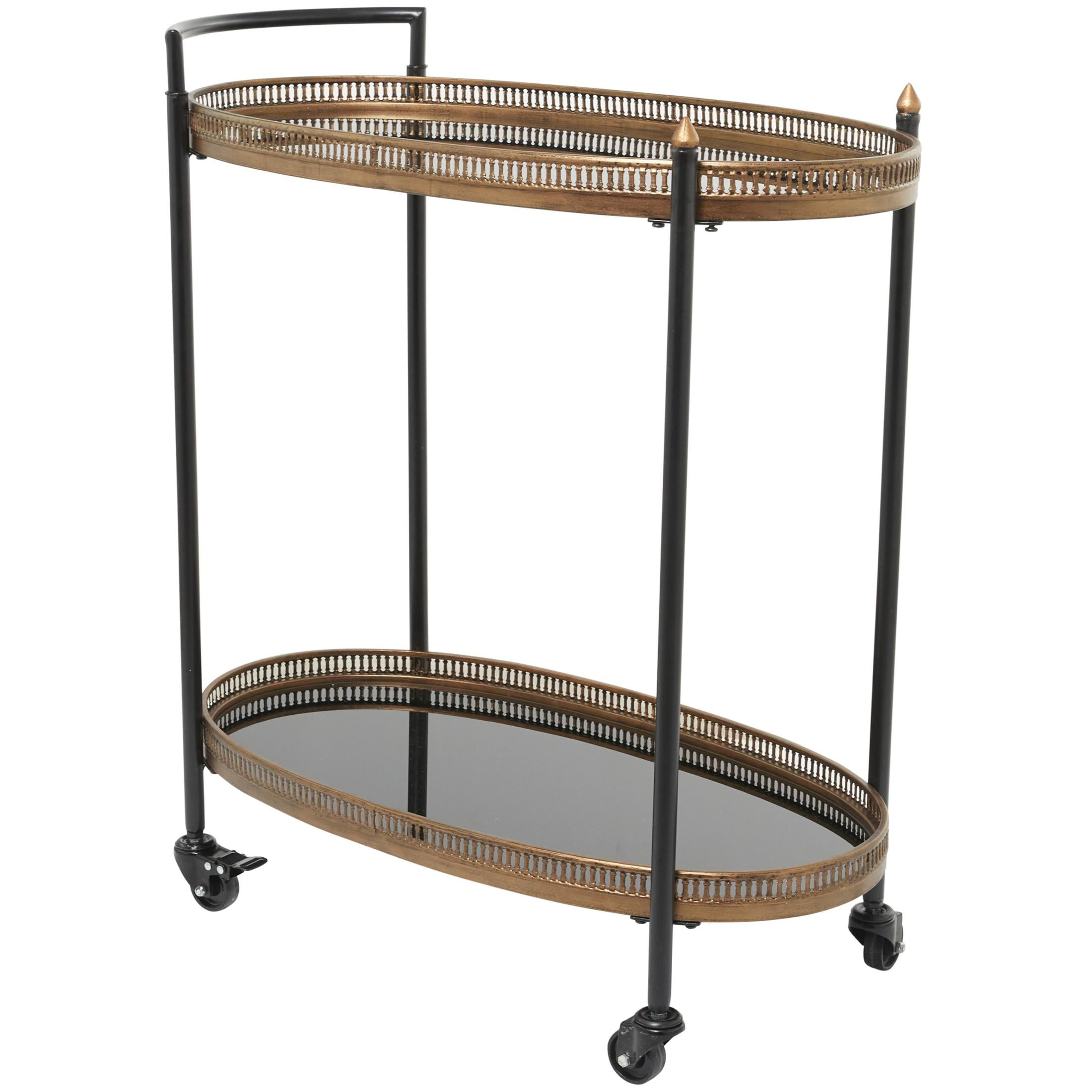 DecMode 30" x 34" Brass Metal Rolling Oval 2 Shelf Bar Cart with ...