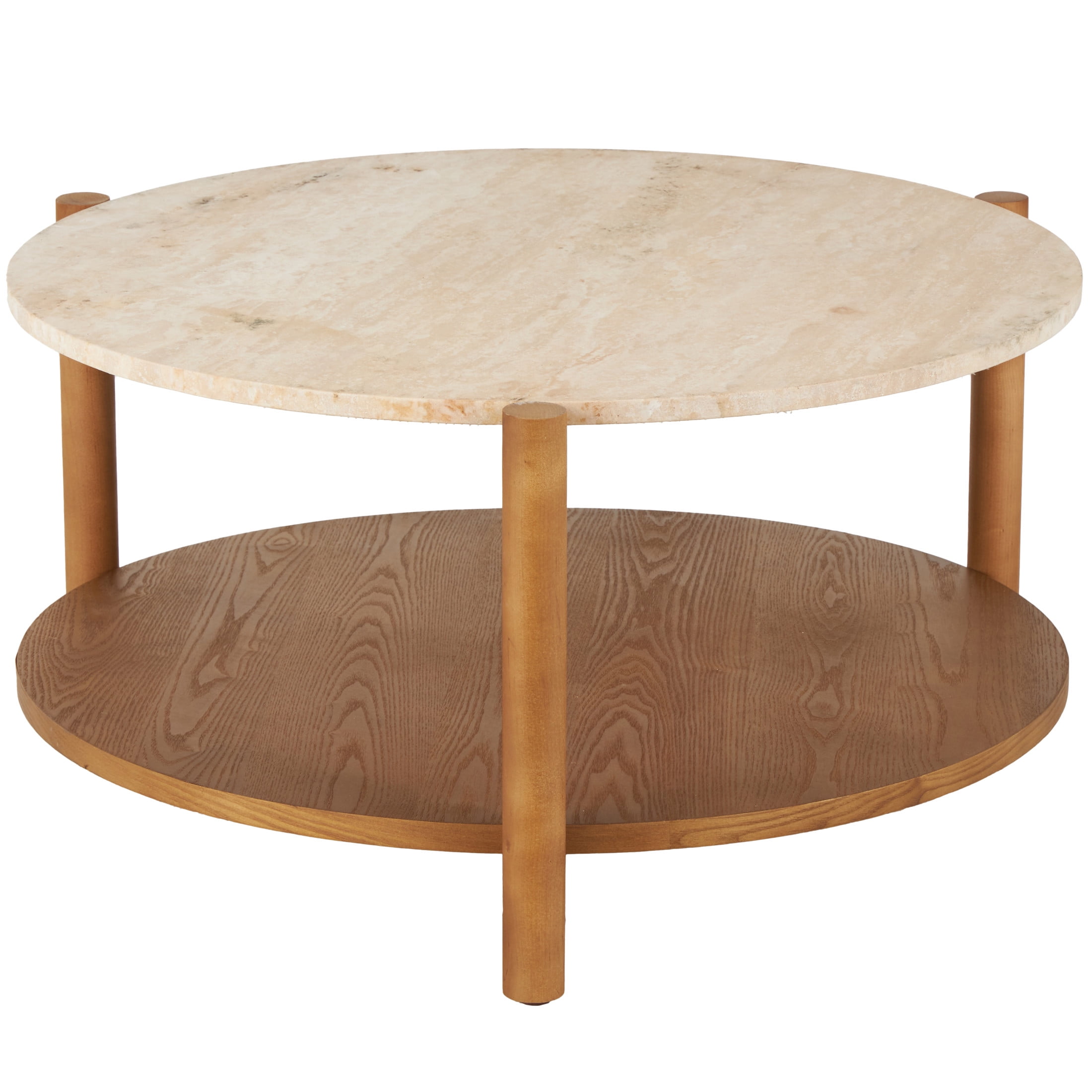 DecMode 32" x 16" Brown Wood Coffee Table with Beige Round Marble Top ...