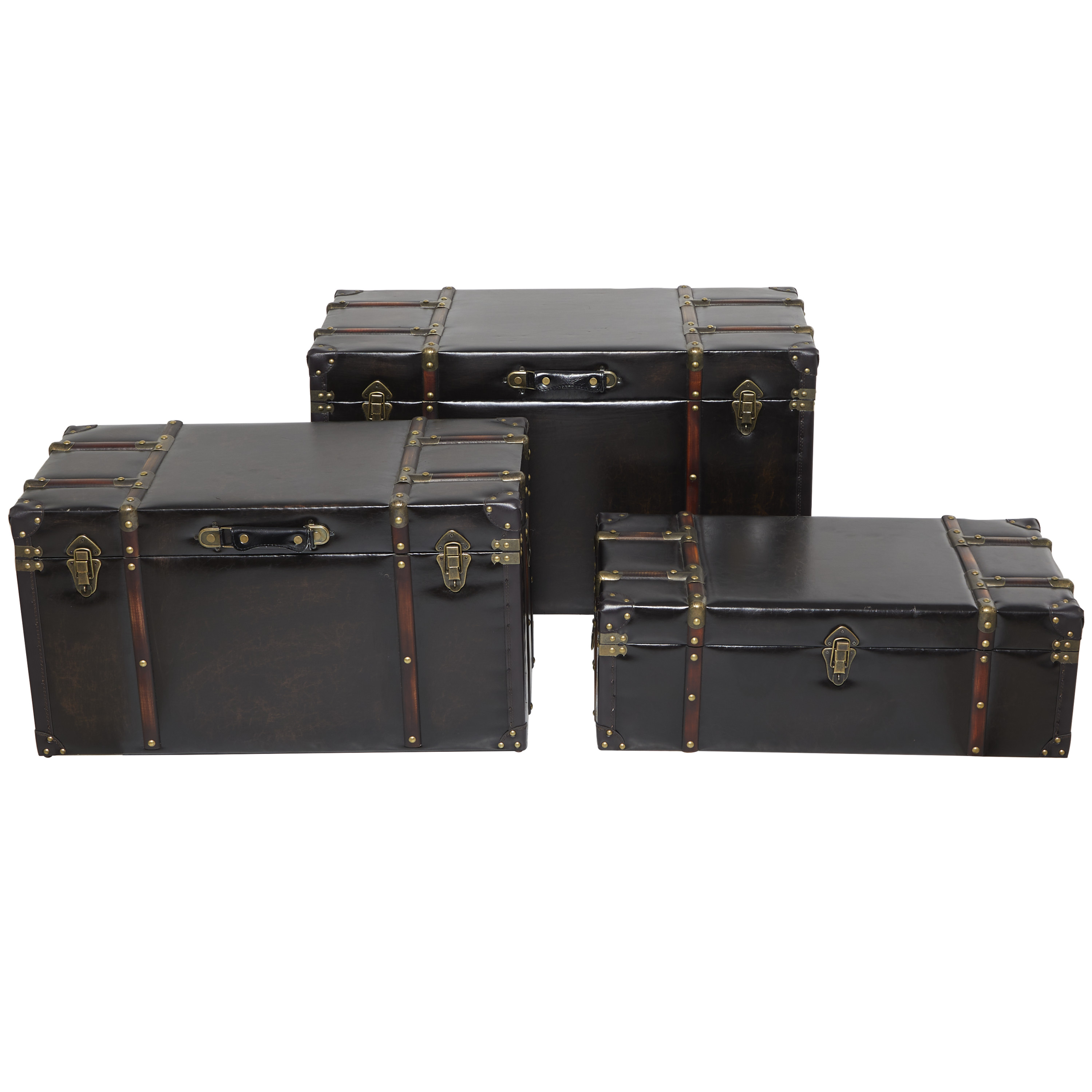 DecMode 32" x 18" Dark Brown Faux Leather Studded Trunk with Latches ...