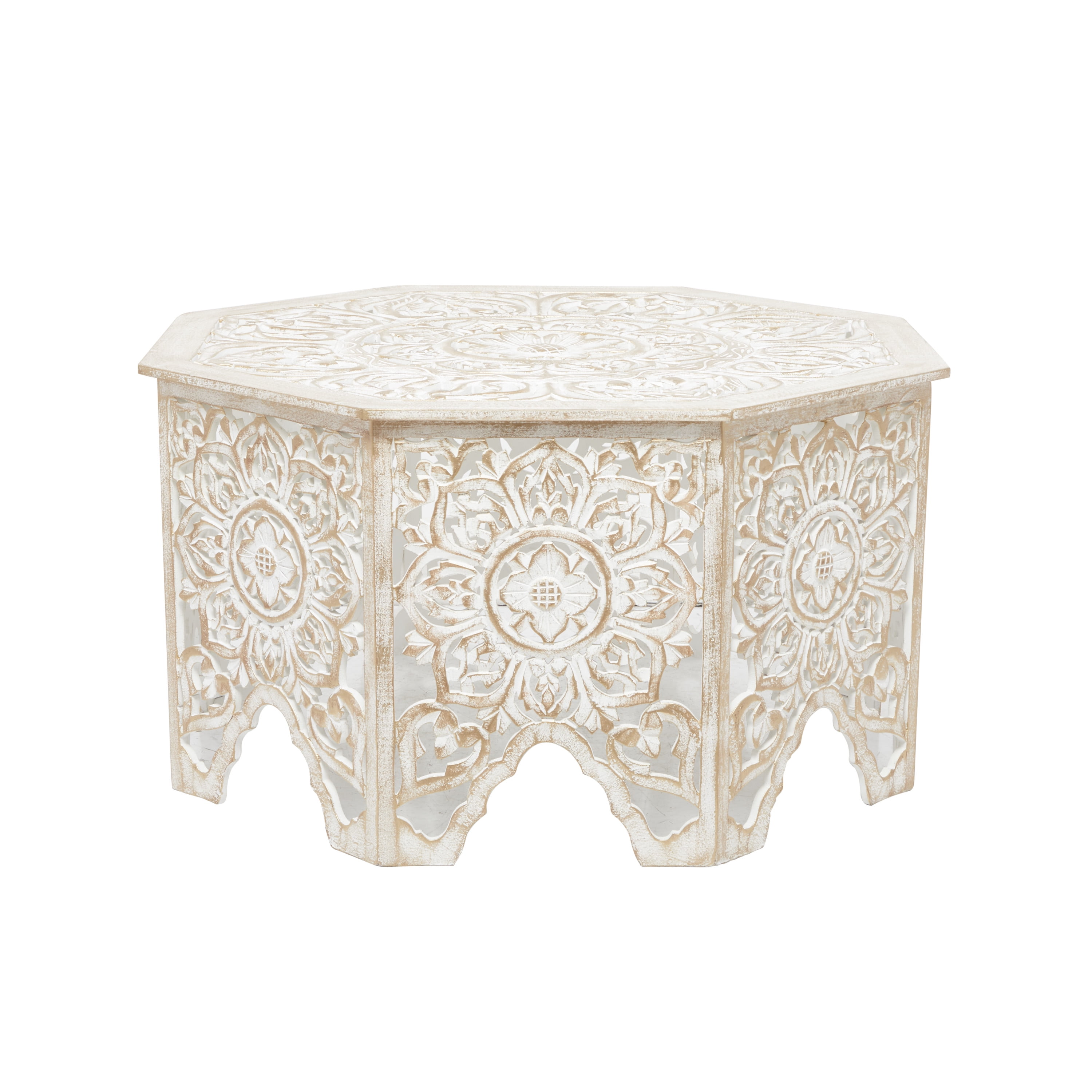 DecMode 33x18 White Wood Handmade Carved Floral Coffee Table Durable ...