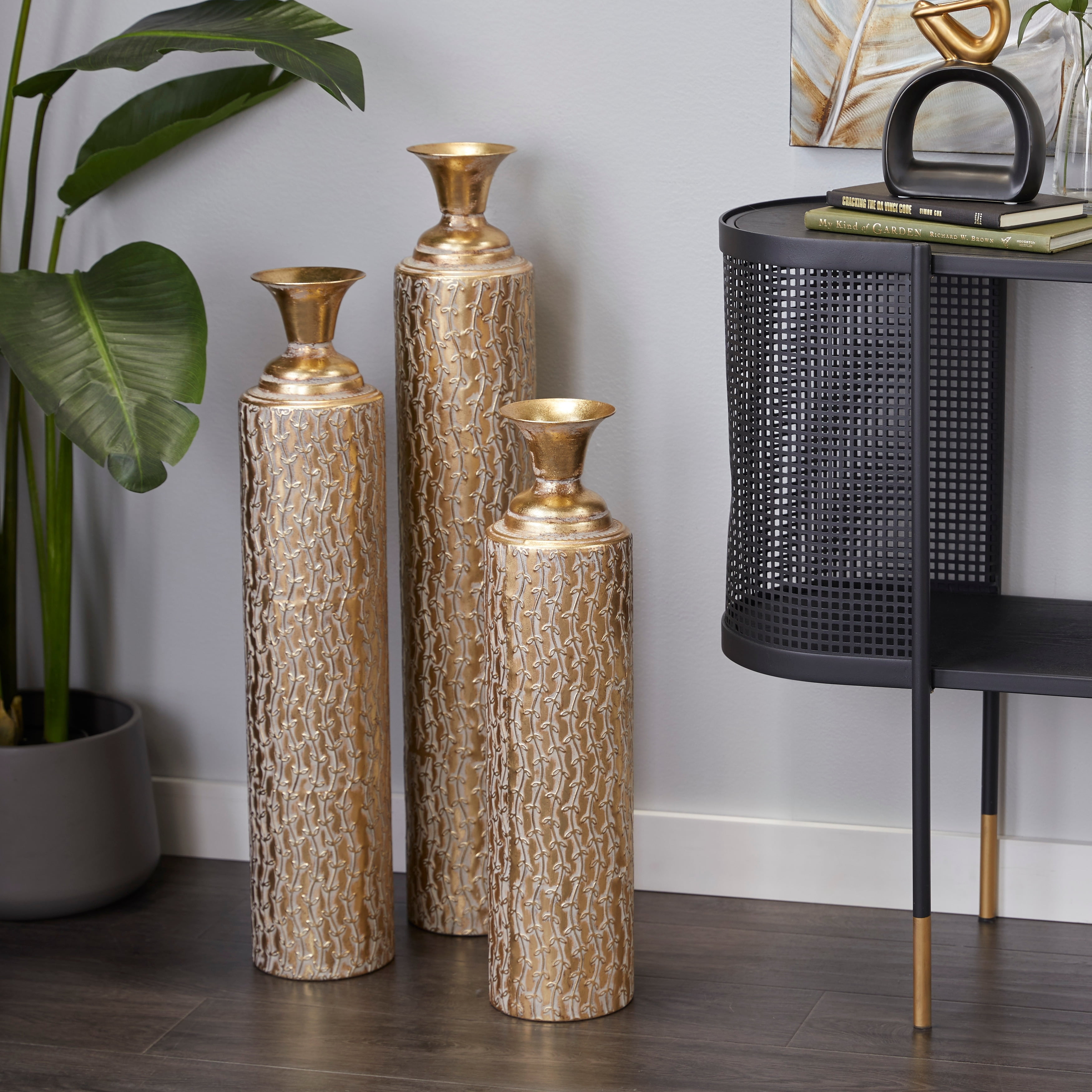 DecMode 34", 29", 25"H Tall Distressed Metallic Gold Metal Vase with ...