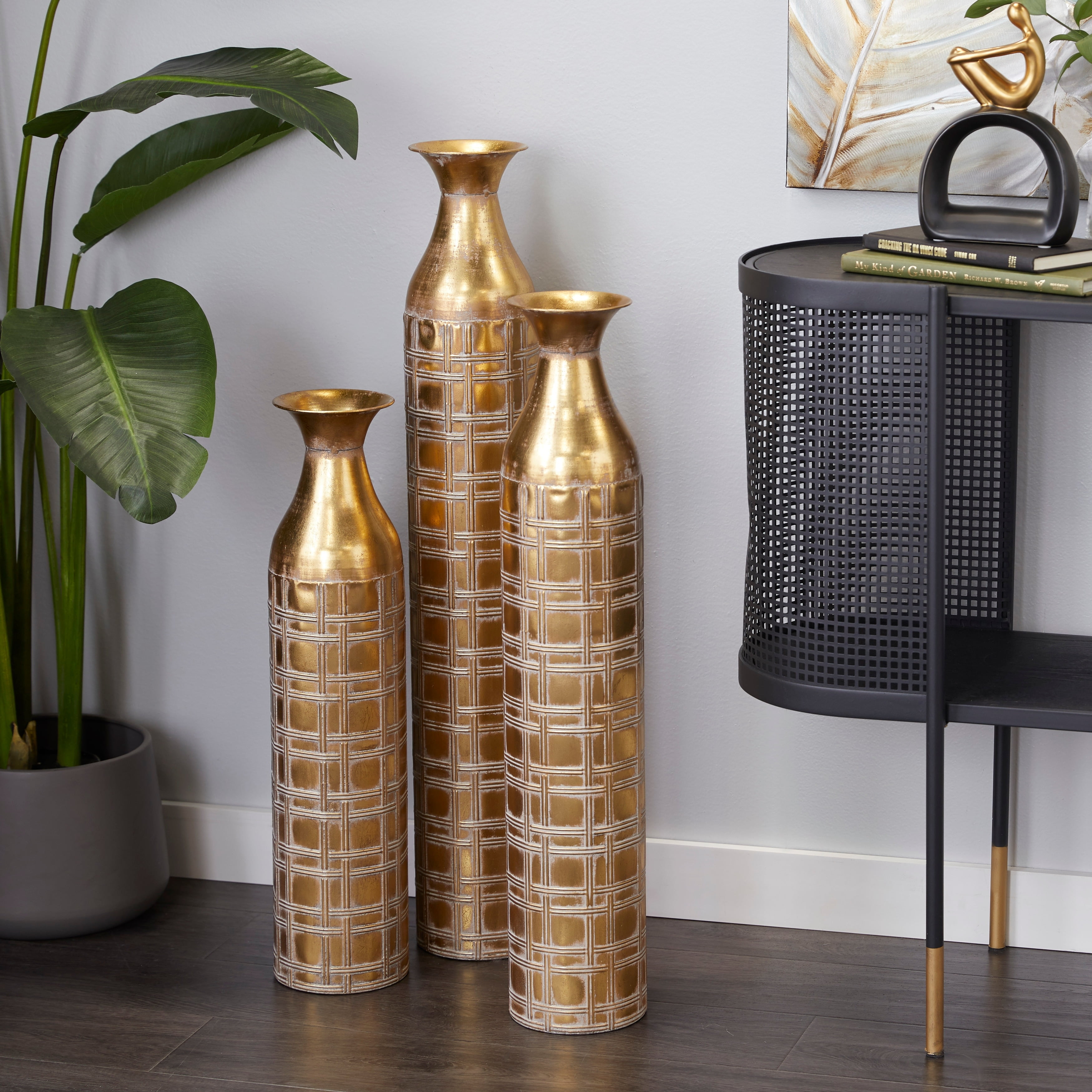 DecMode Large Decorative Floor Vases in Distressed Metallic Gold Metal ...