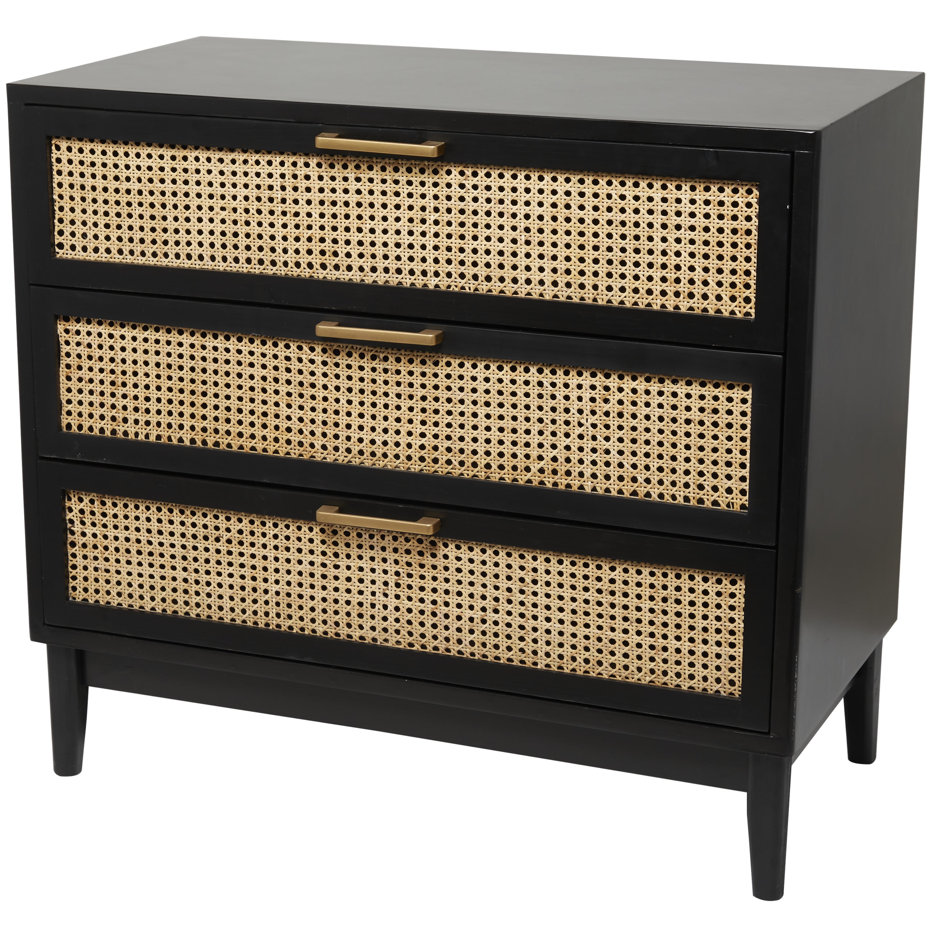 DecMode 36" x 32" Black Wood 3 Drawer Cabinet with Cane Front Drawers ...