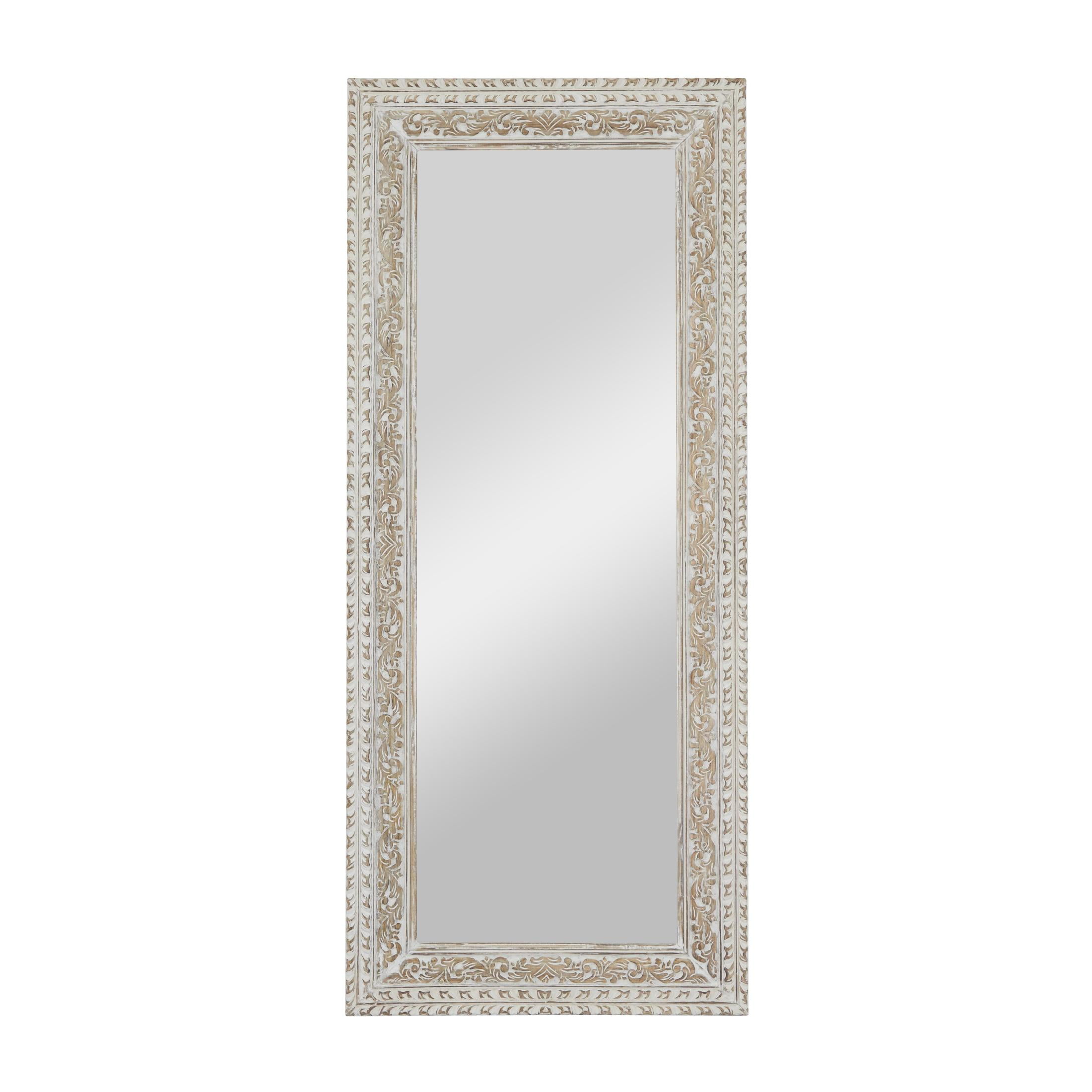 DecMode White Mango Wood Scroll Vine Room Wall Mirror with Brown Carved ...