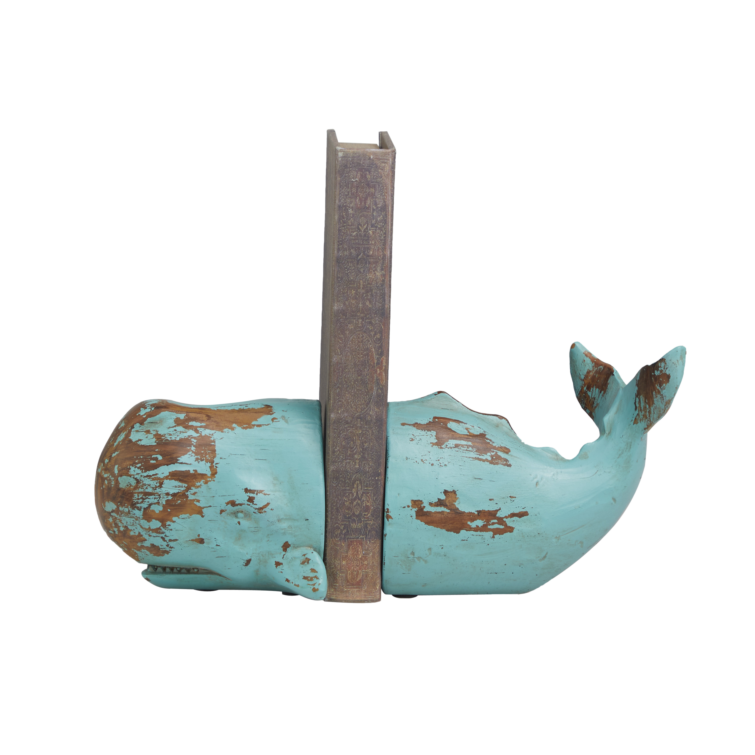 DecMode 4" Distressed Whale Polystone Bookends with Brown Wood Inspired ...