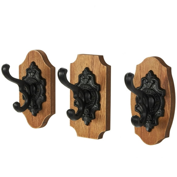 DecMode 4"W, 6"H Brown Wooden Vintage Inspired Fleur De Lis Wall Hook with Black Metal Hooks and ...
