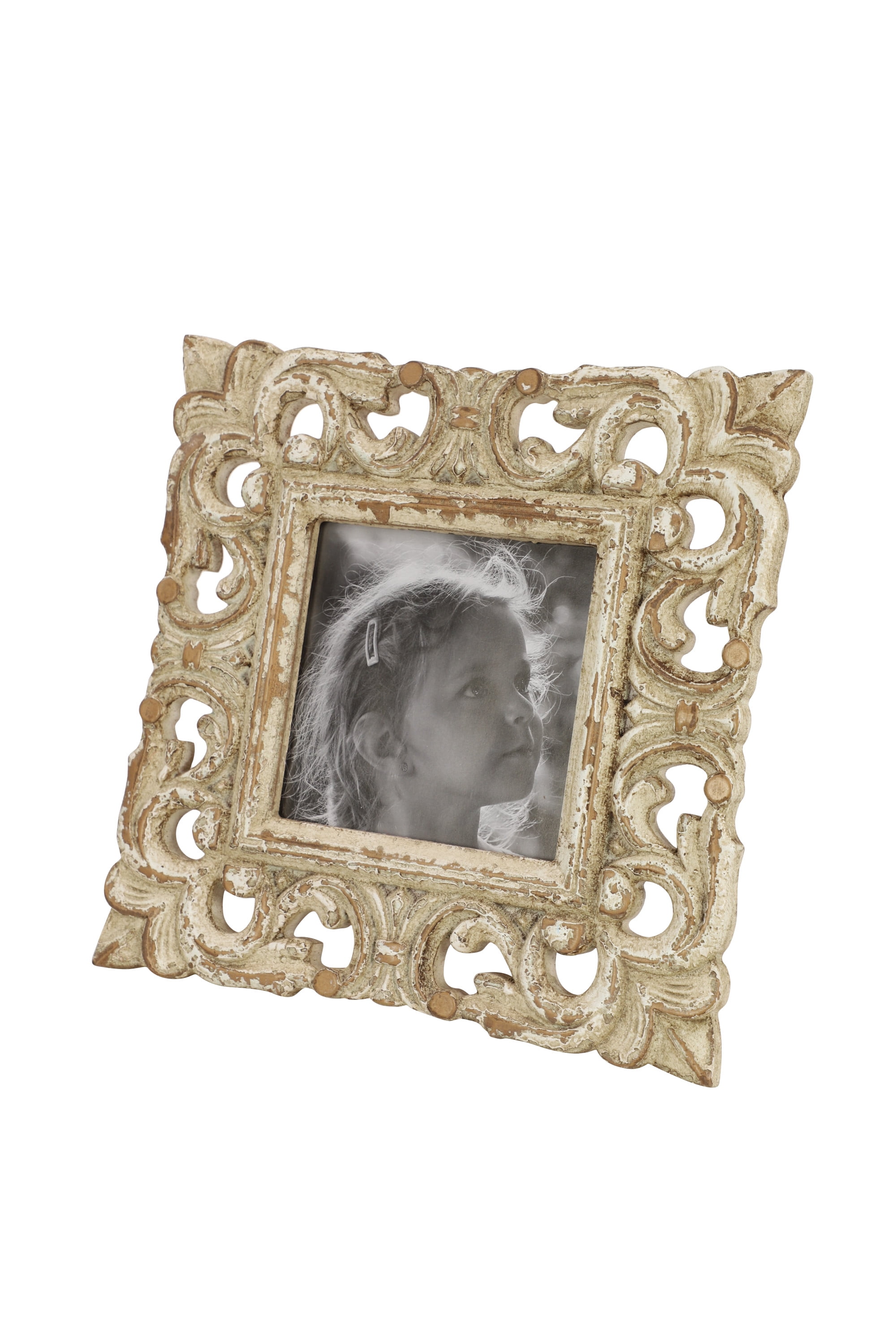 DecMode 4" x 4" Handmade Intricate Carved White Scroll Photo Frame ...