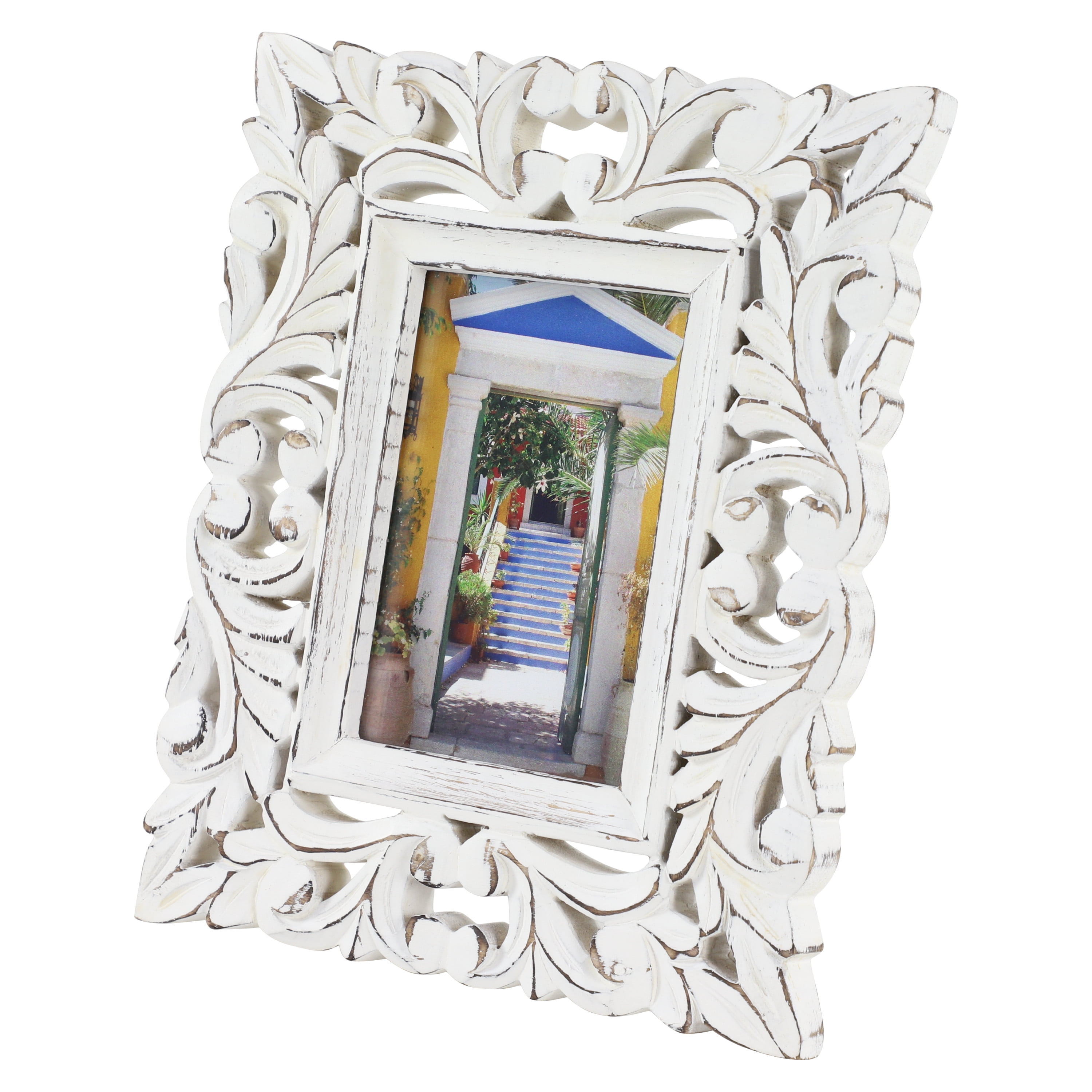 DecMode 4" x 6" Handmade Intricate Carved White Scroll Photo Frame ...