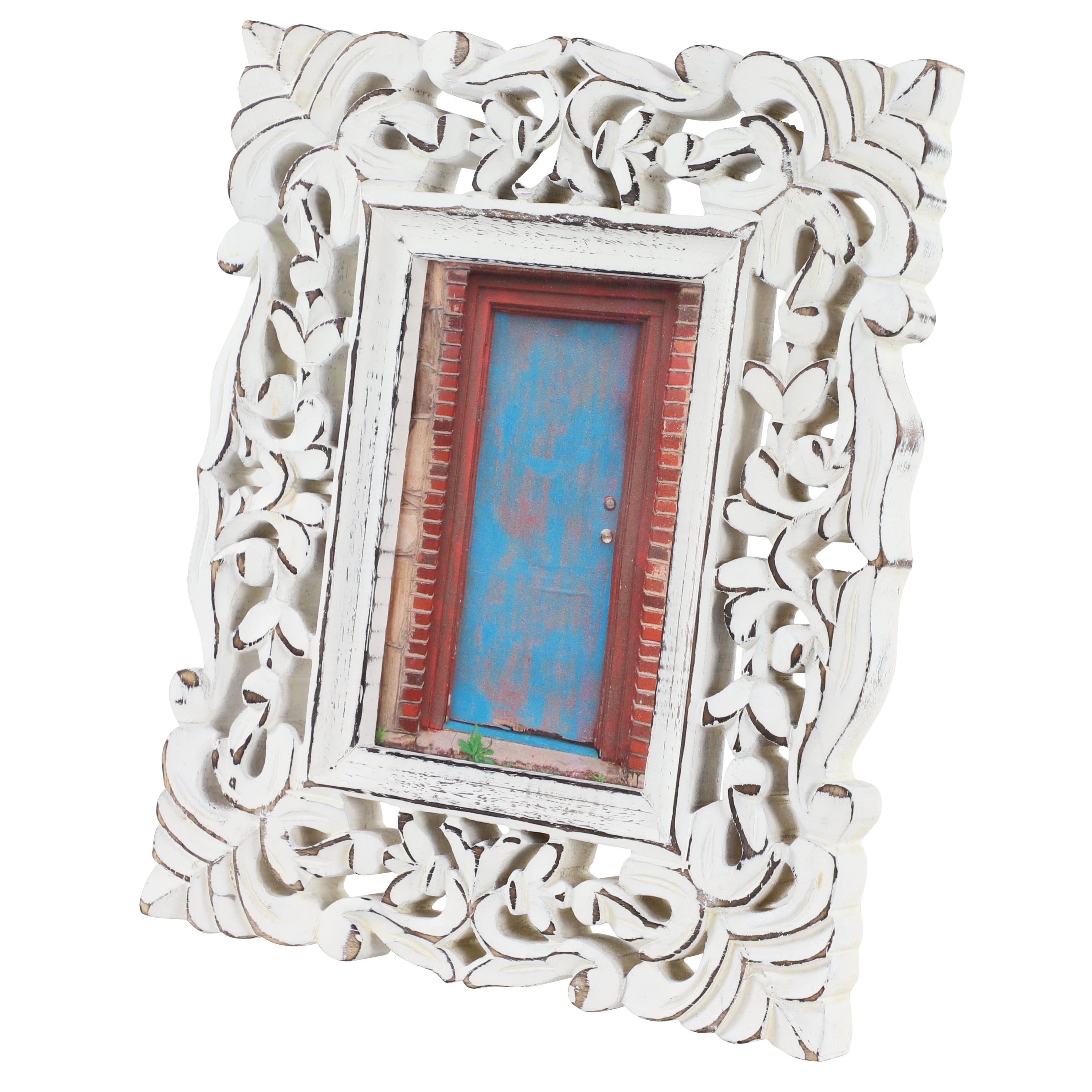 DecMode 4" x 6" Handmade Intricate Carved White Scroll Photo Frame ...