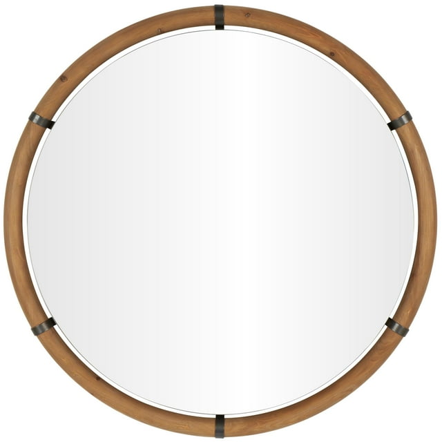 DecMode 40" x 40" Brown Round Wall Mirror with Brass Metal Support ...
