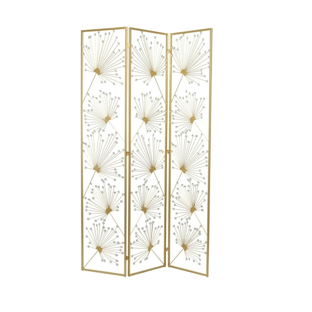 DecMode 46" x 71" Gold Metal Floral Hinged Foldable Partition 3 Panel ...
