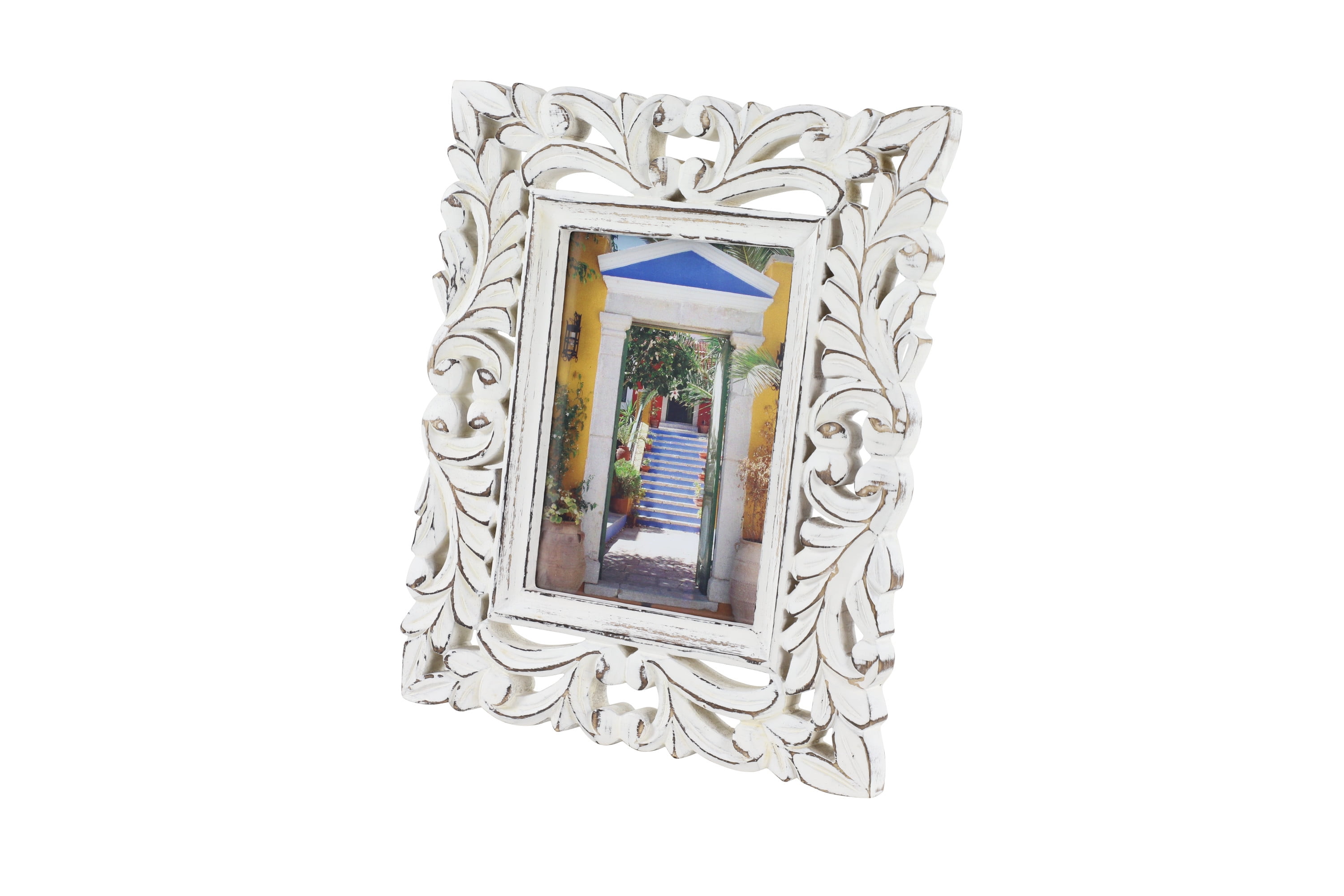 DecMode 5" x 7" Handmade Intricate Carved White Scroll Photo Frame ...