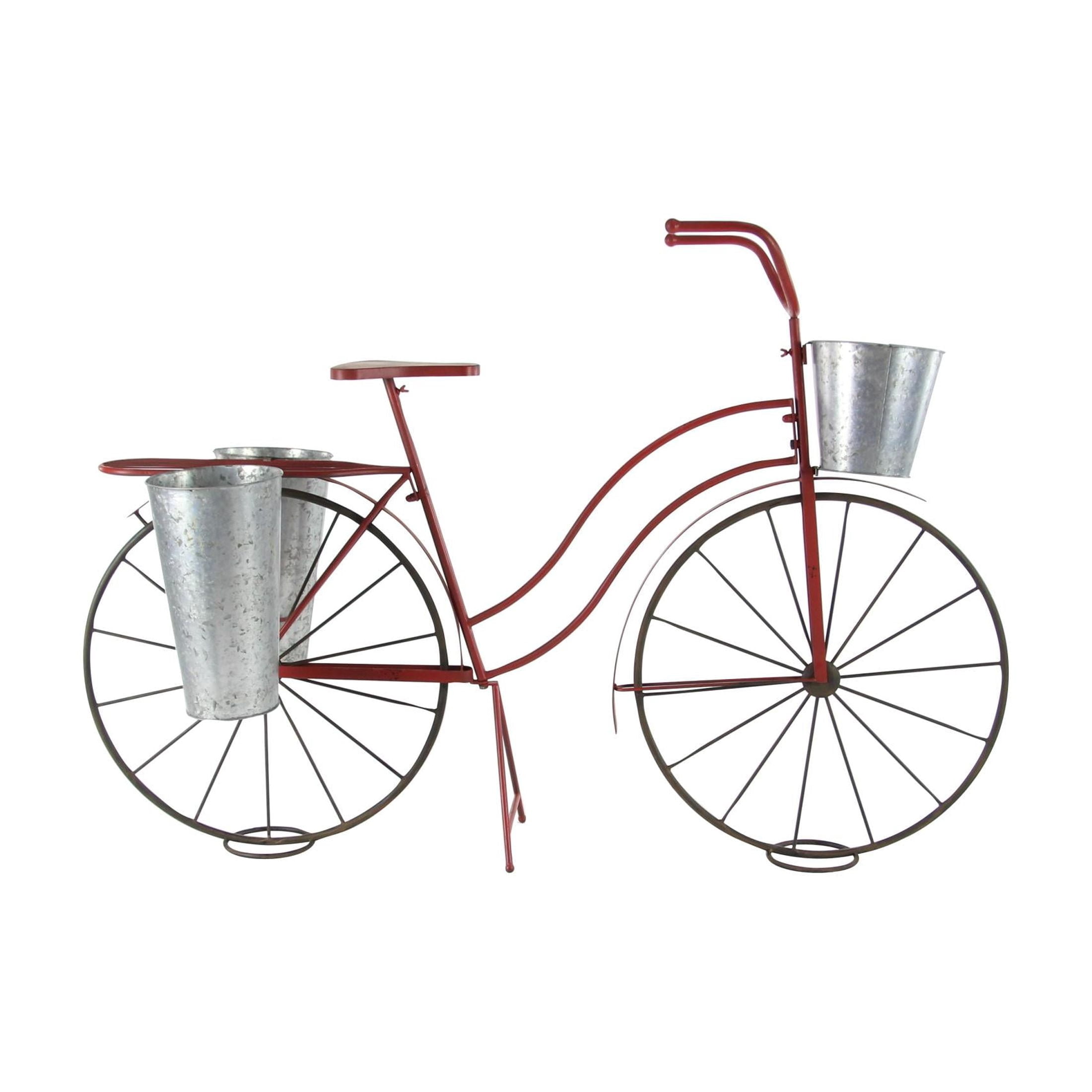 DecMode Red Metal Bike Indoor Outdoor Plantstand with Silver Basket and ...