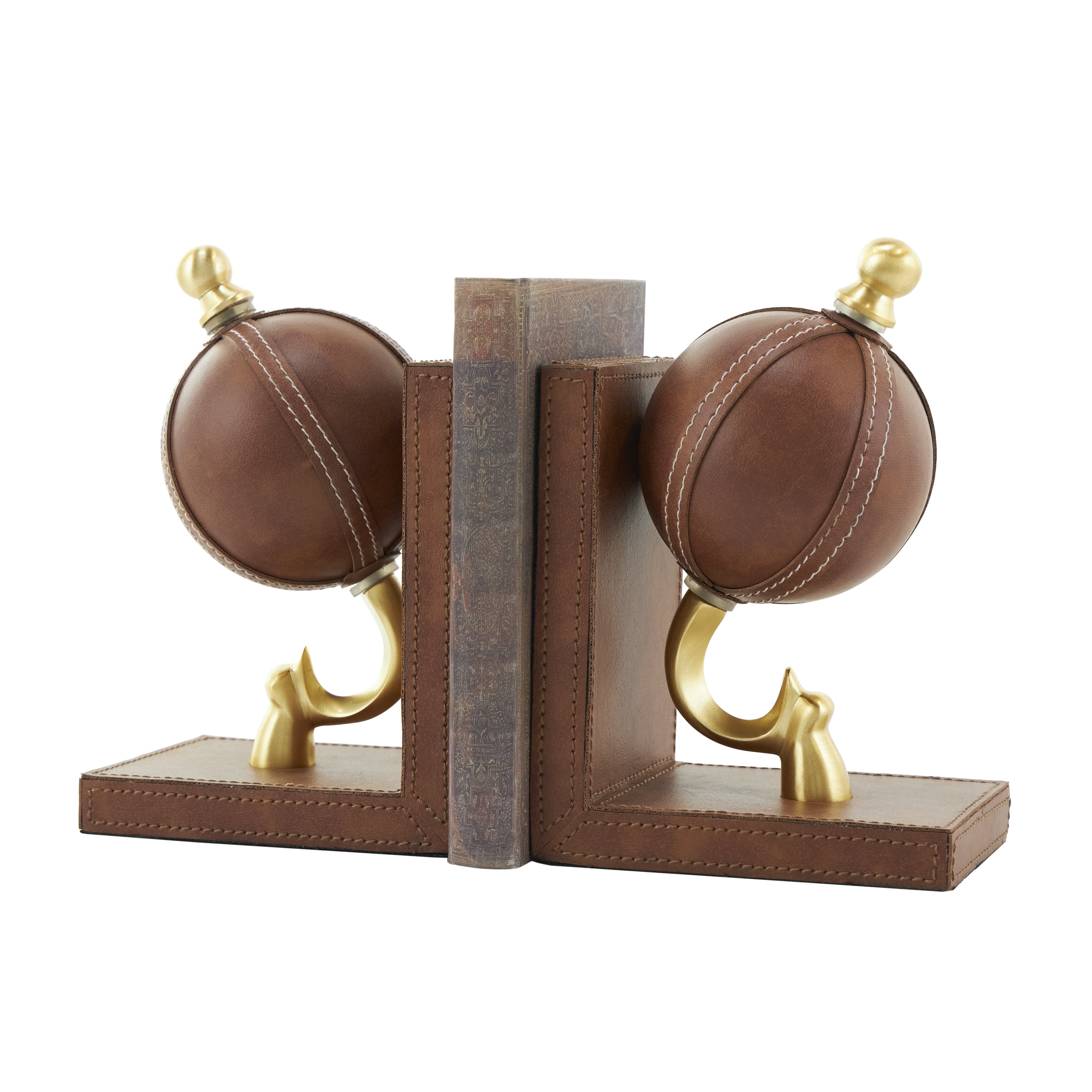 DecMode 6" Handmade Stitched Globe Brown Leather Bookends with Brown ...
