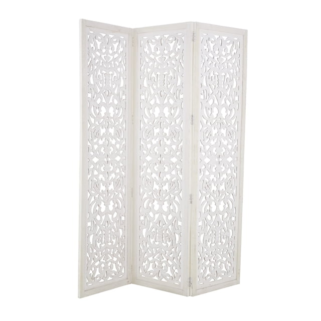 DecMode 60" x 69" White Wood Floral Handmade 3 Panel Room Divider ...