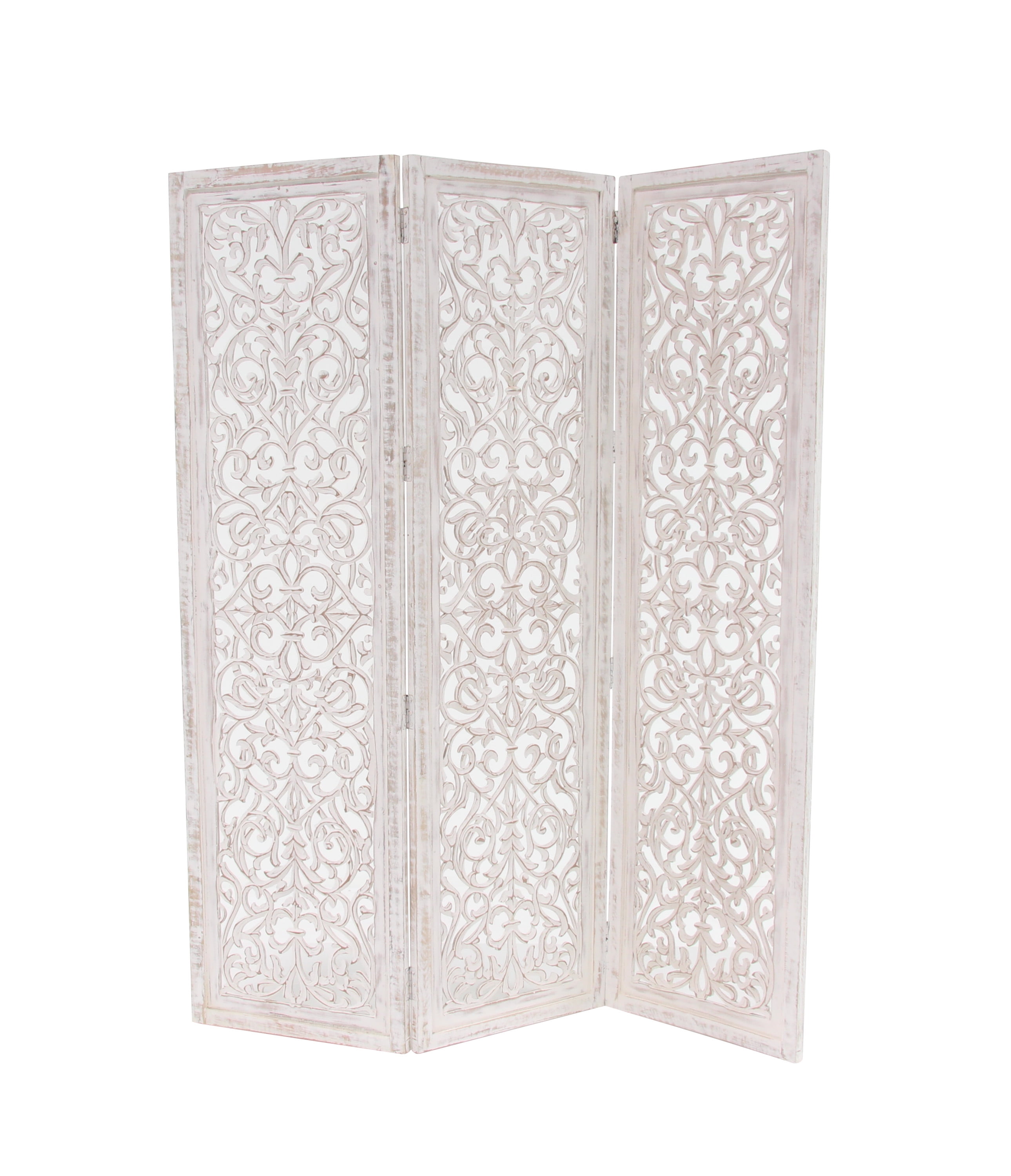 DecMode 60" x 69" White Wood Floral Handmade Hinged Foldable Partition ...