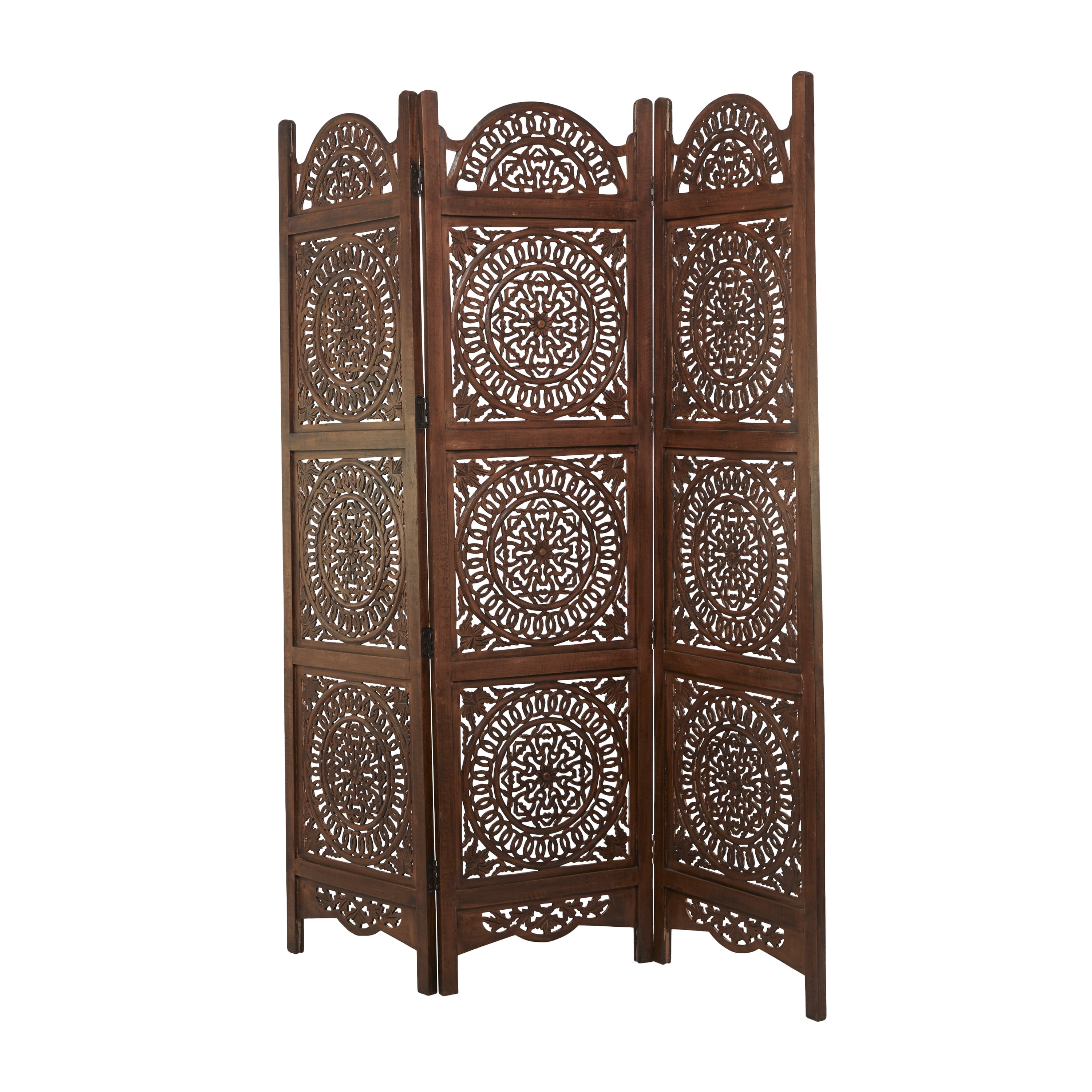 DecMode 60" x 72" Brown Wood Floral Hinged Foldable Partition 3 Panel ...