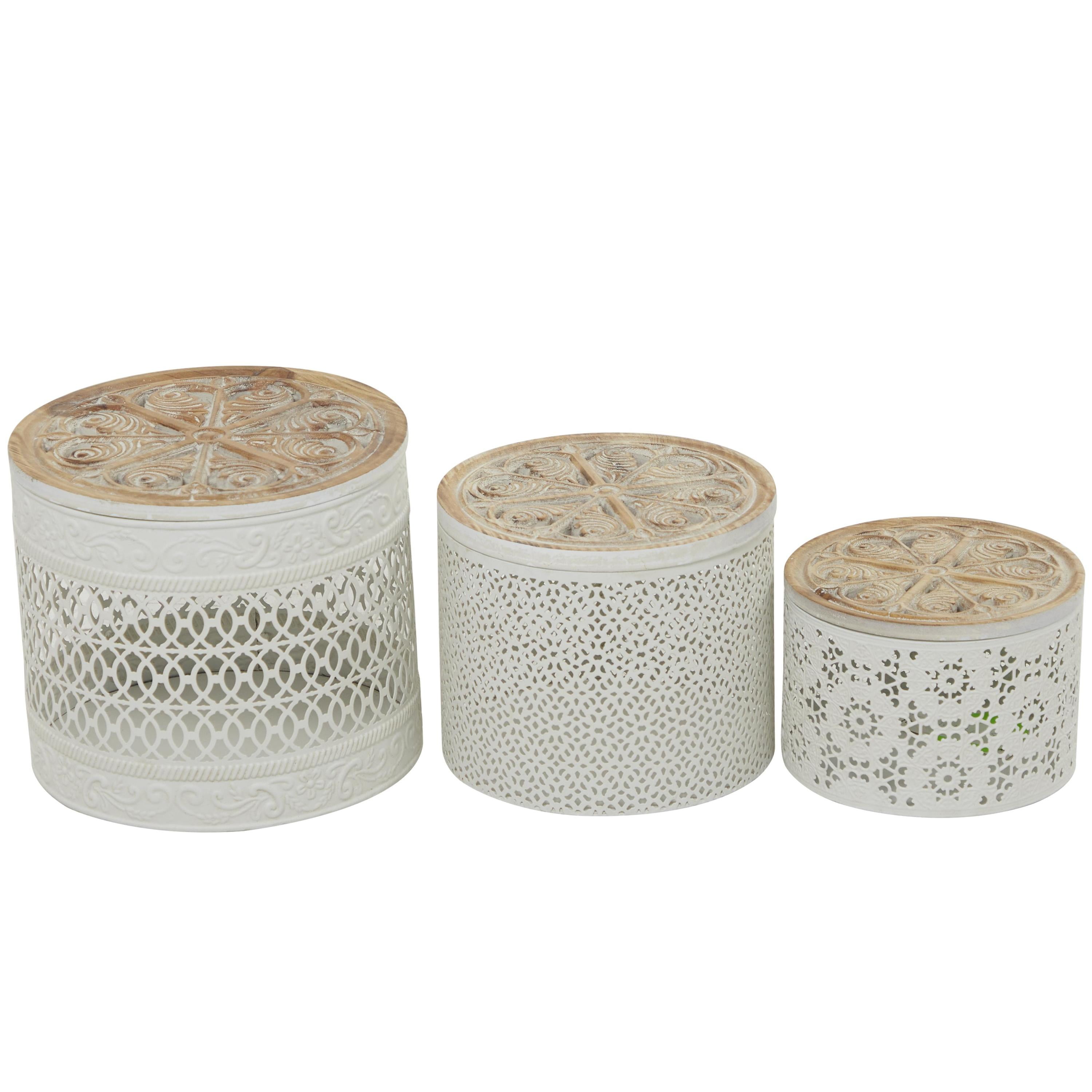 DecMode White Metal Decorative Jars with Carved Wooden Lids, Set of 3 ...