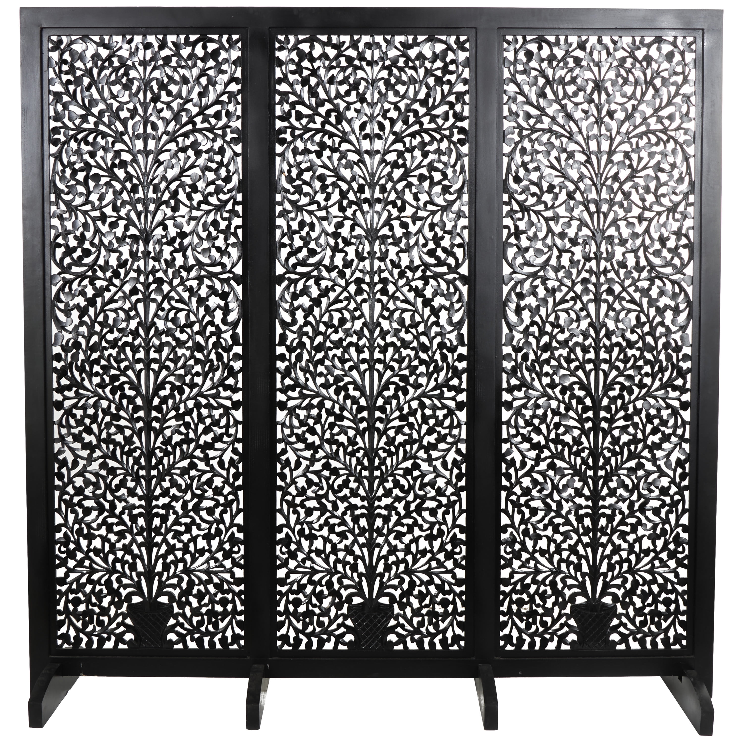 DecMode 71" x 72" Black Wooden Floral Handmade Large Flat Freestanding ...