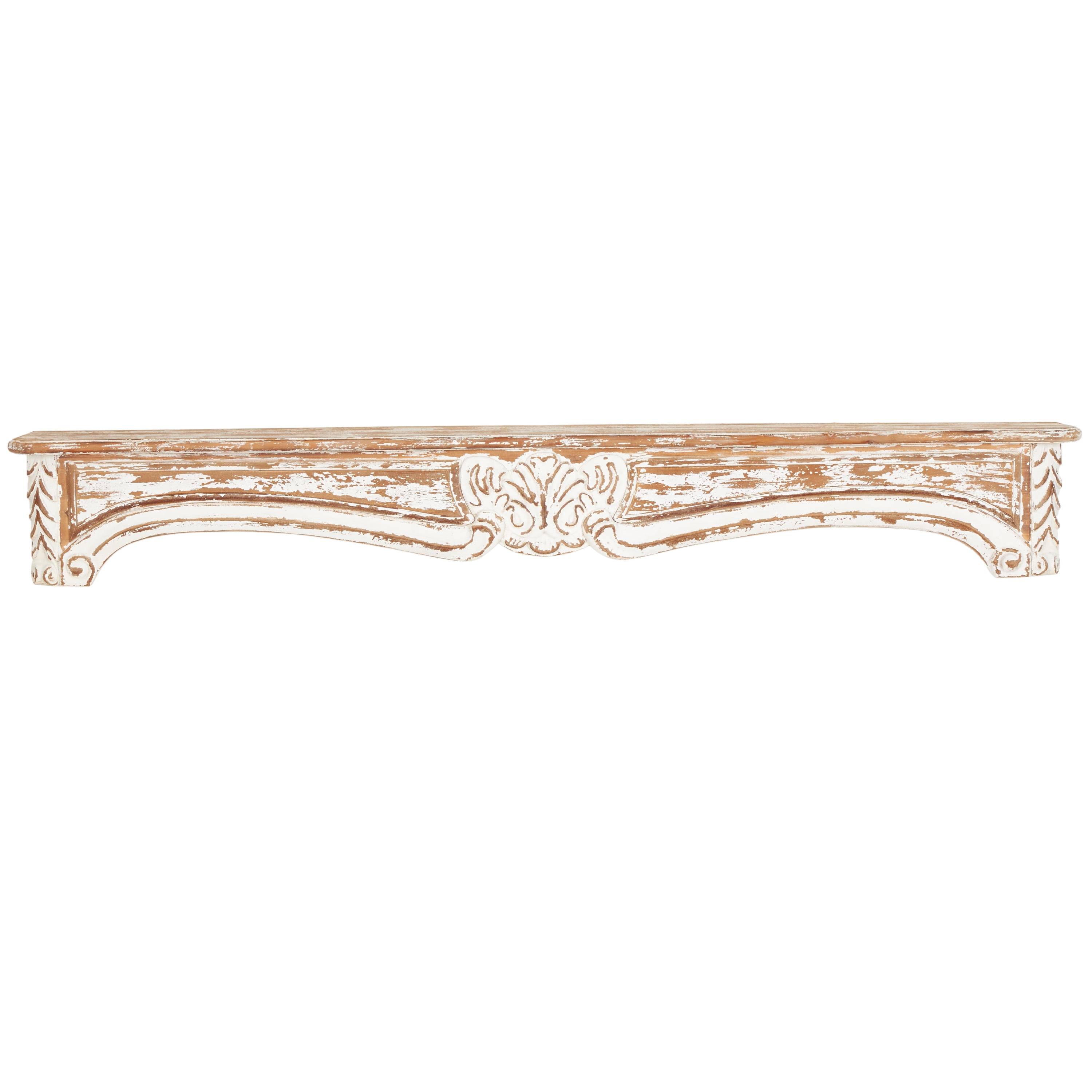 DecMode 72" x 8" Distressed 1-Tier Light Brown Scroll Wall Shelf ...