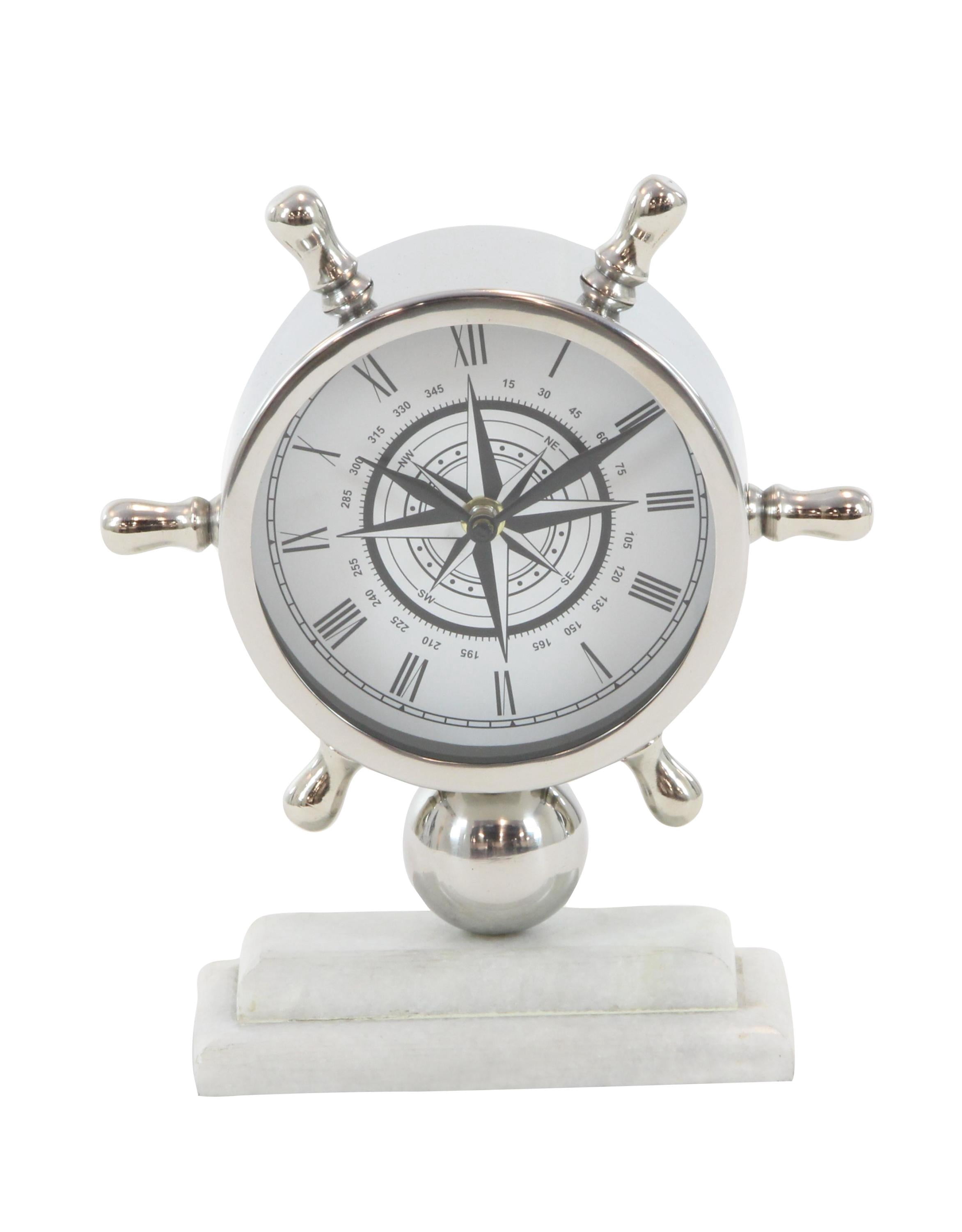 DecMode 8" Silver Stainless Steel Metal Ship Wheel Clock with Marble ...