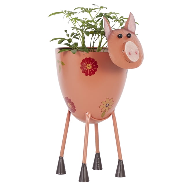 DecMode 8" x 16" Indoor Outdoor Pink Metal Pig Planter with Floral ...