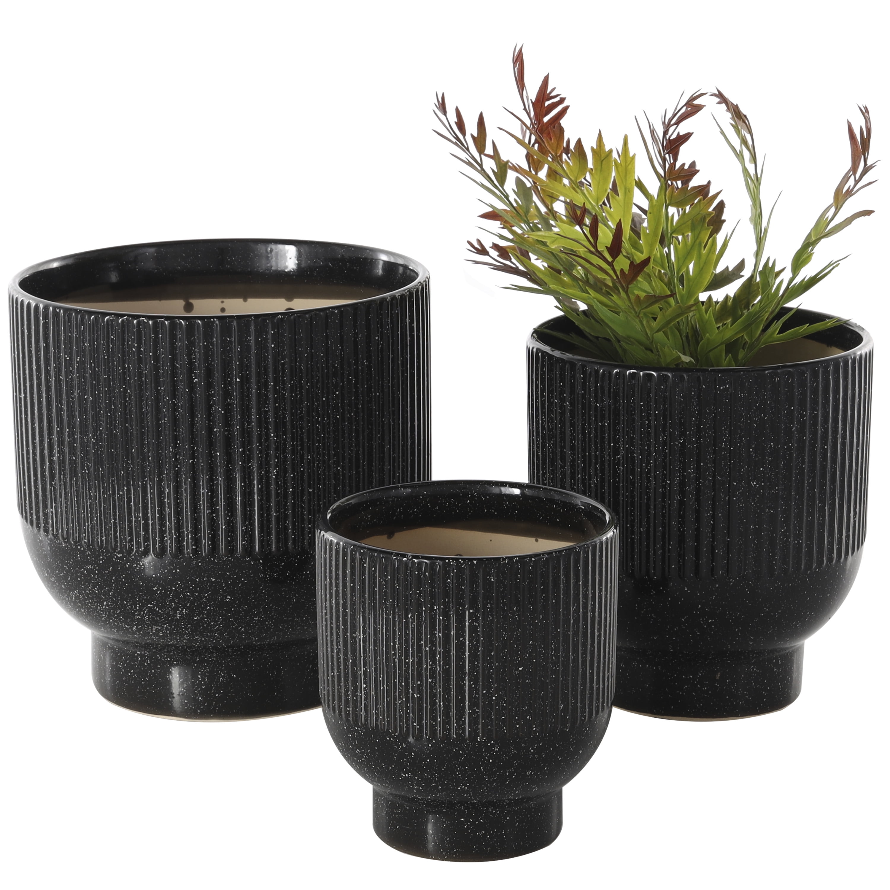 DecMode 9", 8", 6"H Speckled Black Ceramic Planter with Linear Grooves ...