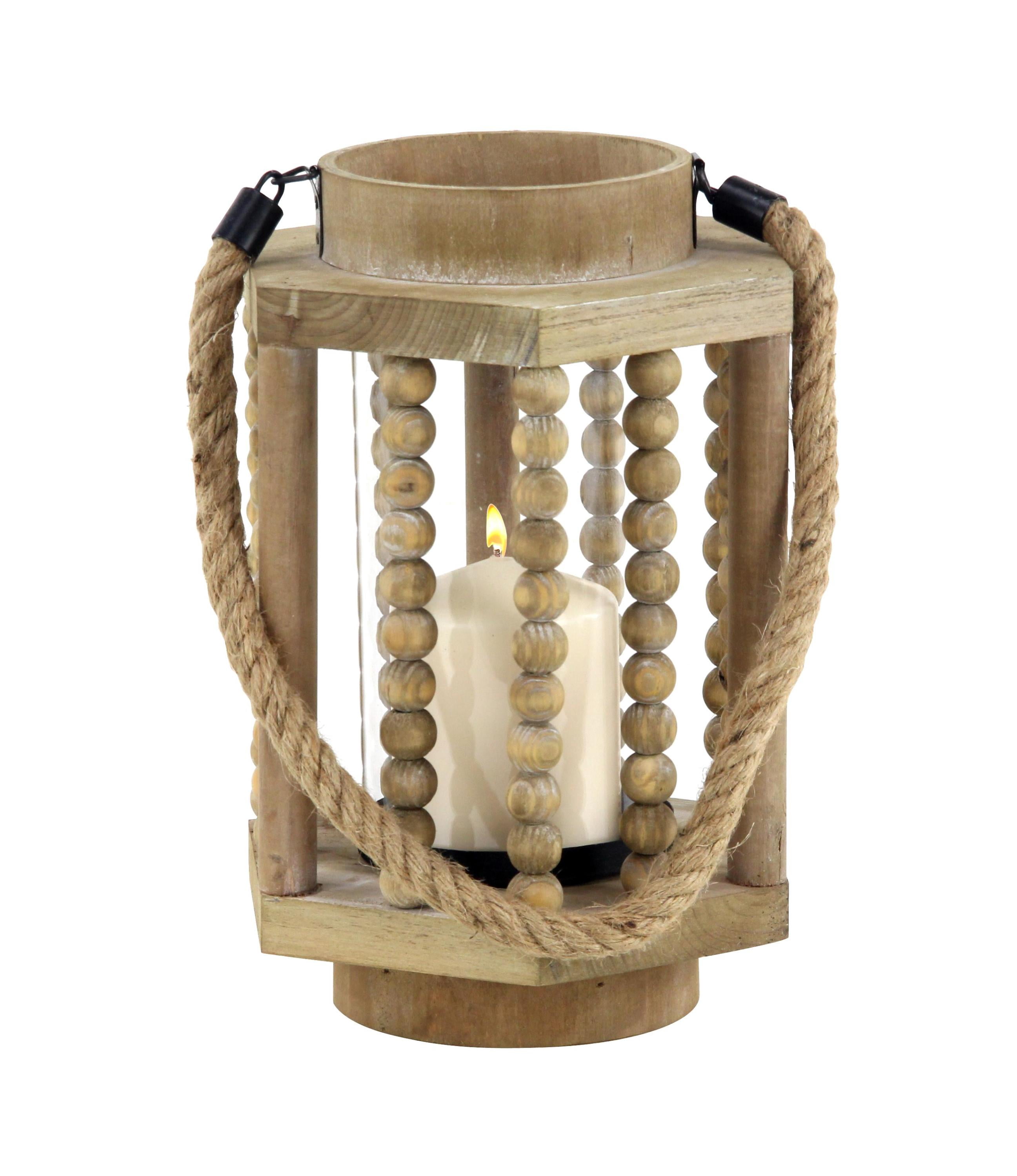 DecMode Beige Reclaimed Wood Beaded Decorative Candle Lantern - Walmart.com