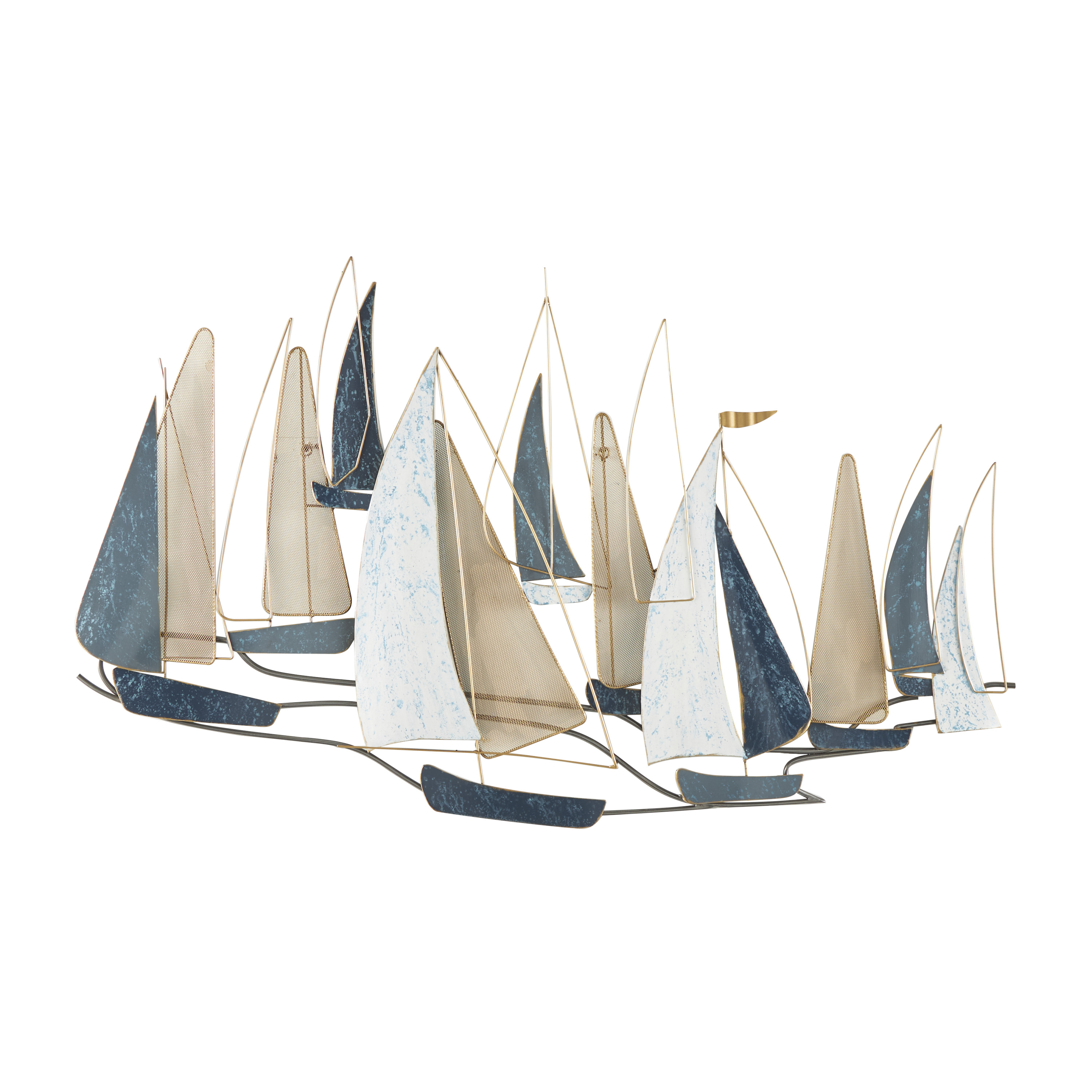 DecMode Blue Metal Sail Boat Wall Decor with Gold Wire Accents and ...