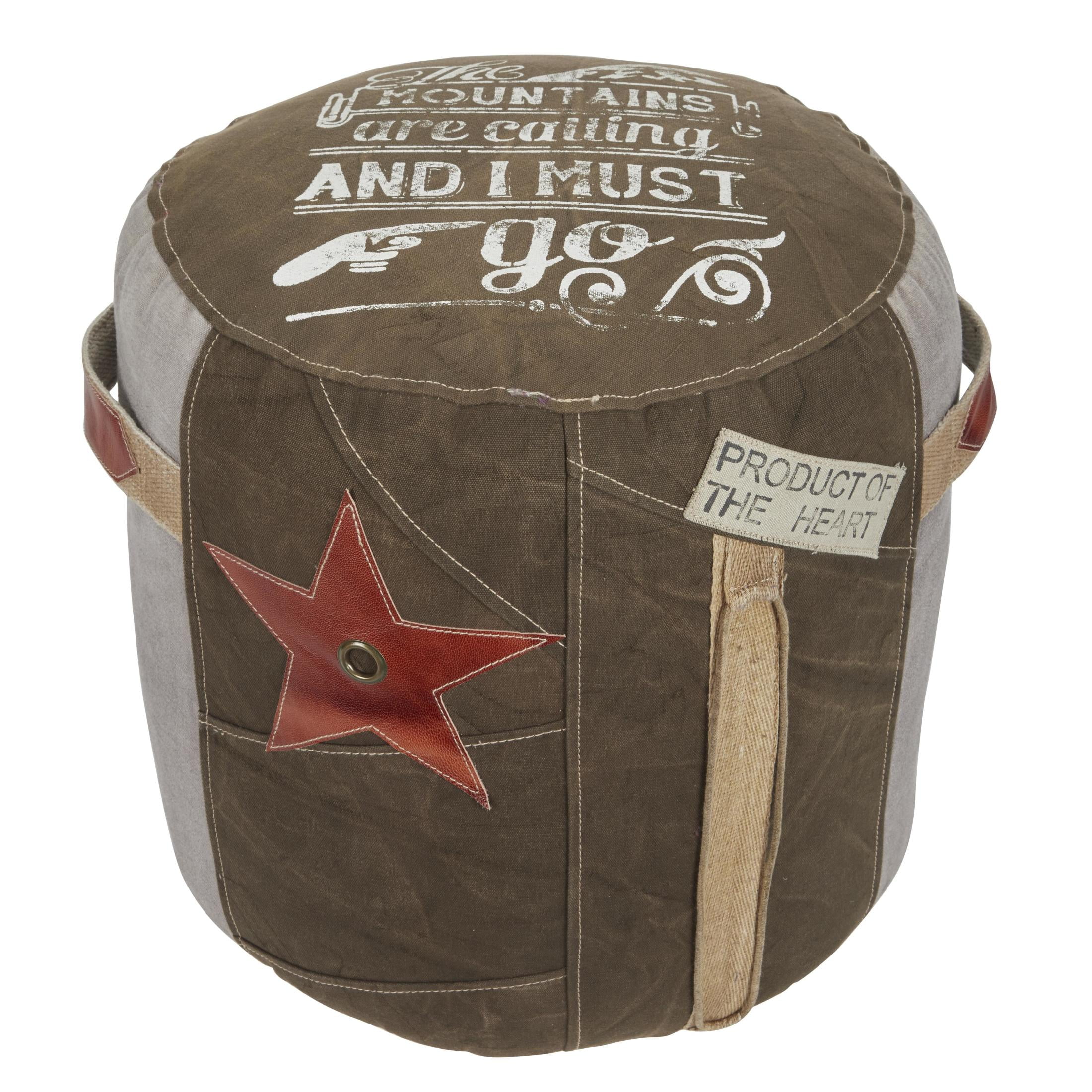 DecMode Brown Canvas Pouf Ottoman with Leather Accents - Round, Rustic ...