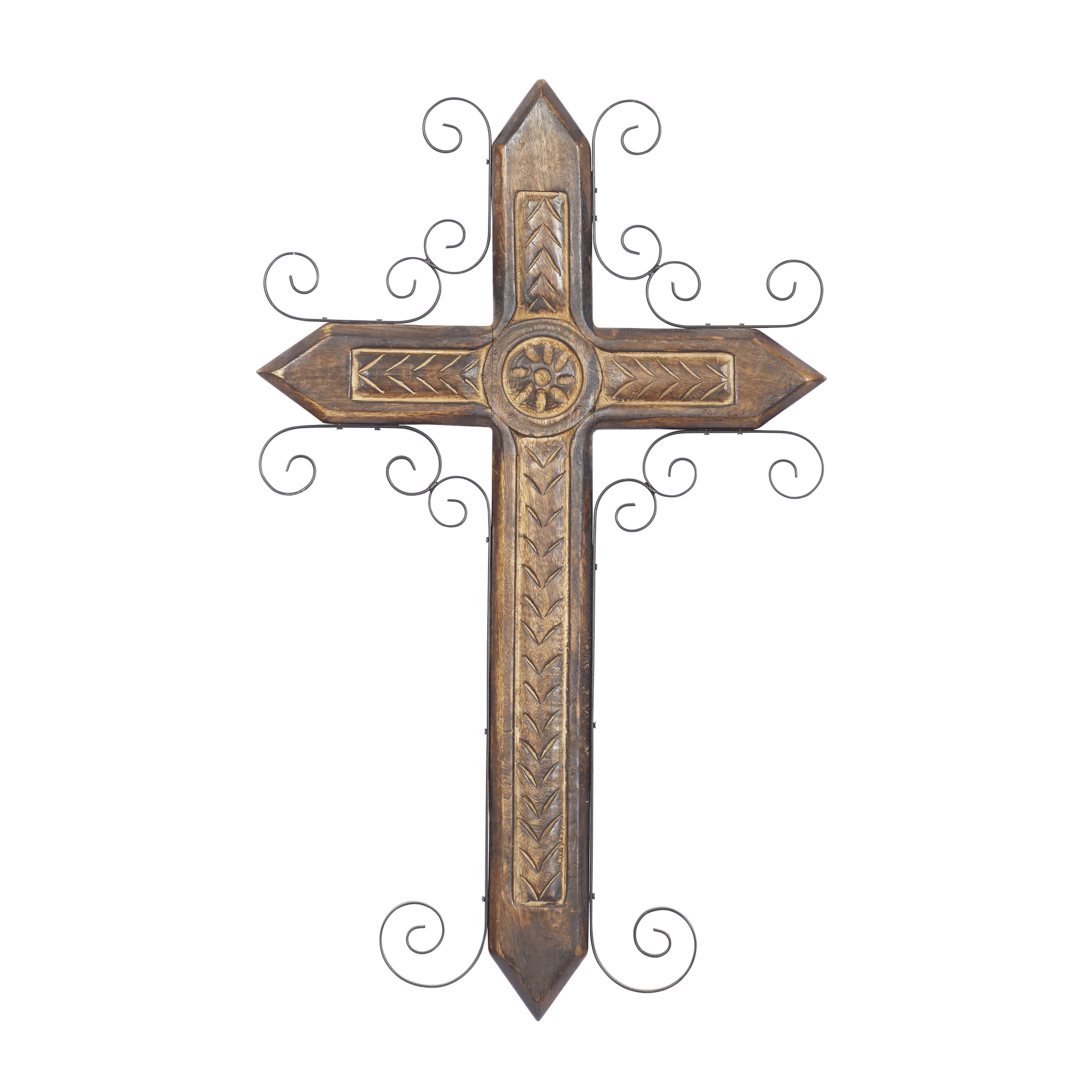 DecMode Brown Mango Wood Carved Cross Wall Decor with Metal Scrollwork ...